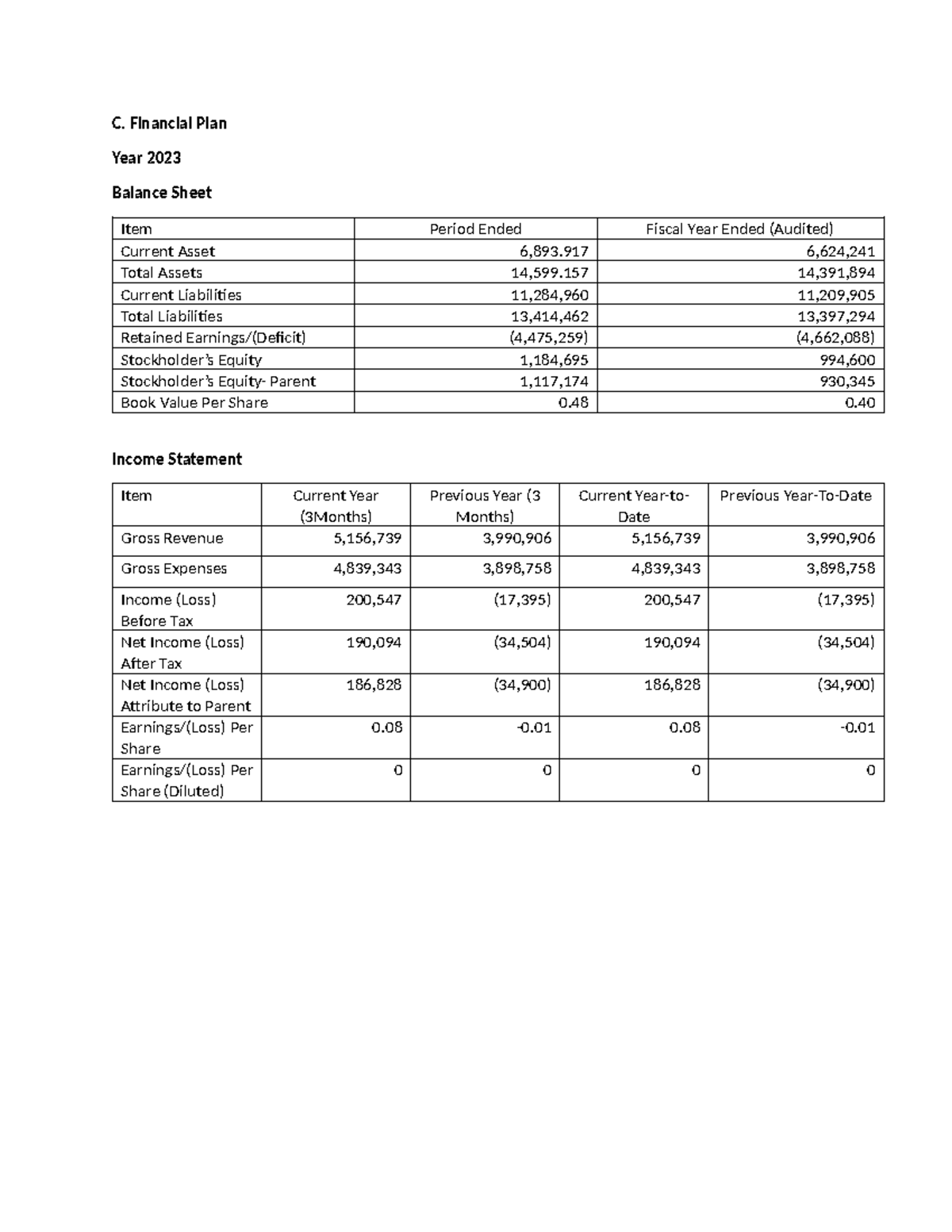 Financial-Plan-Draft - C. Financial Plan Year 2023 Balance Sheet Item ...