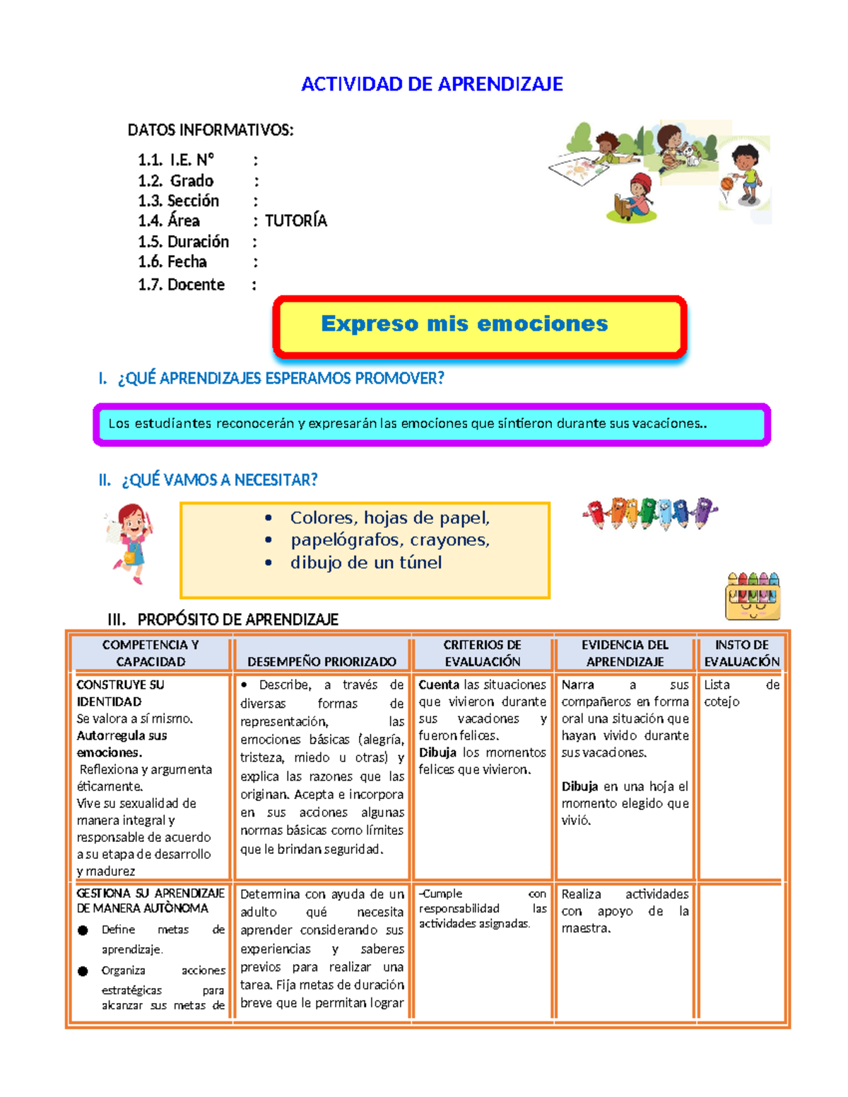 D2 A2 Sesion TUT. Expreso mis emociones - ACTIVIDAD DE APRENDIZAJE DATOS INFORMATIVOS: I. Nº ...