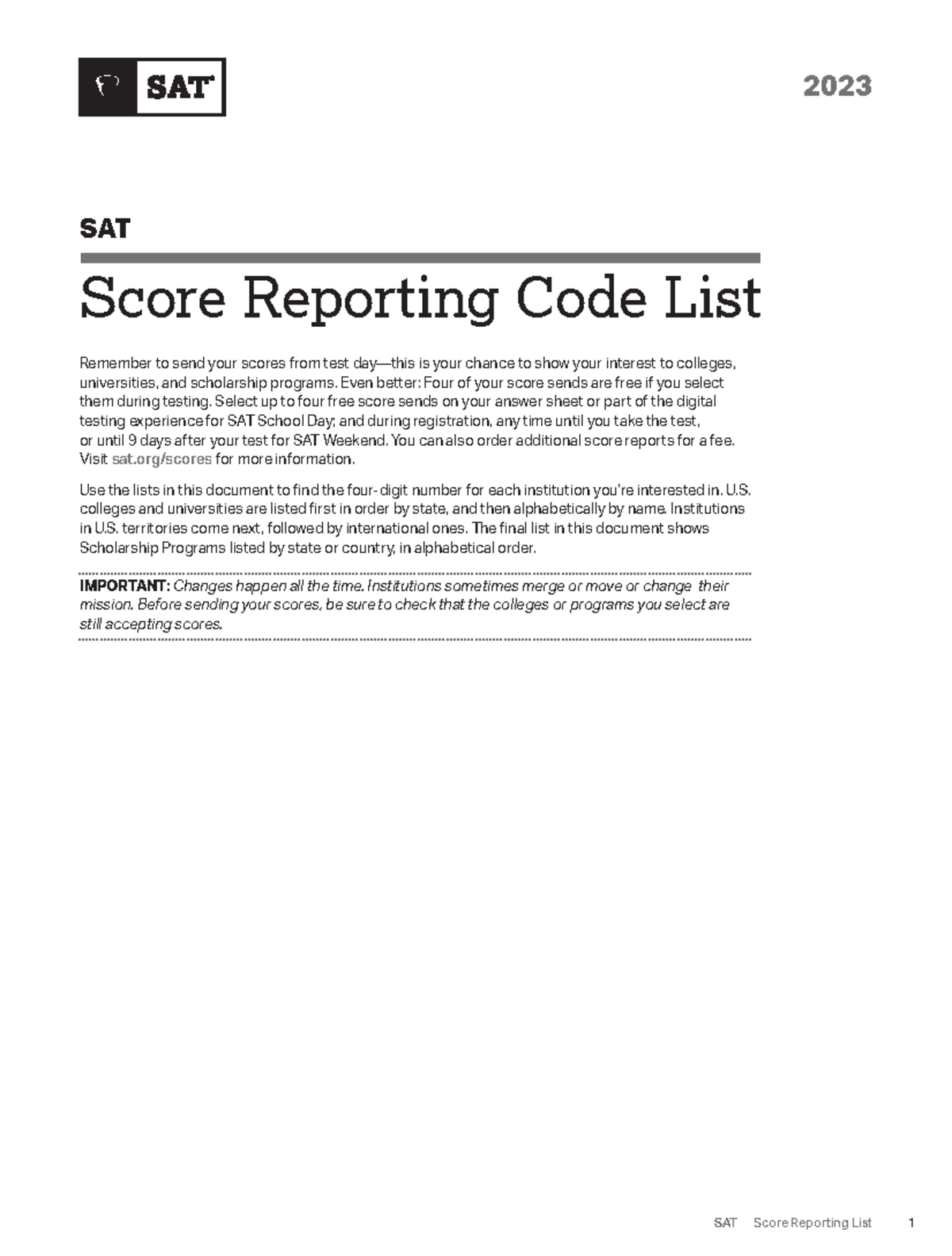Sat score reporting code list - 2023 Score Reporting Code List SAT ...
