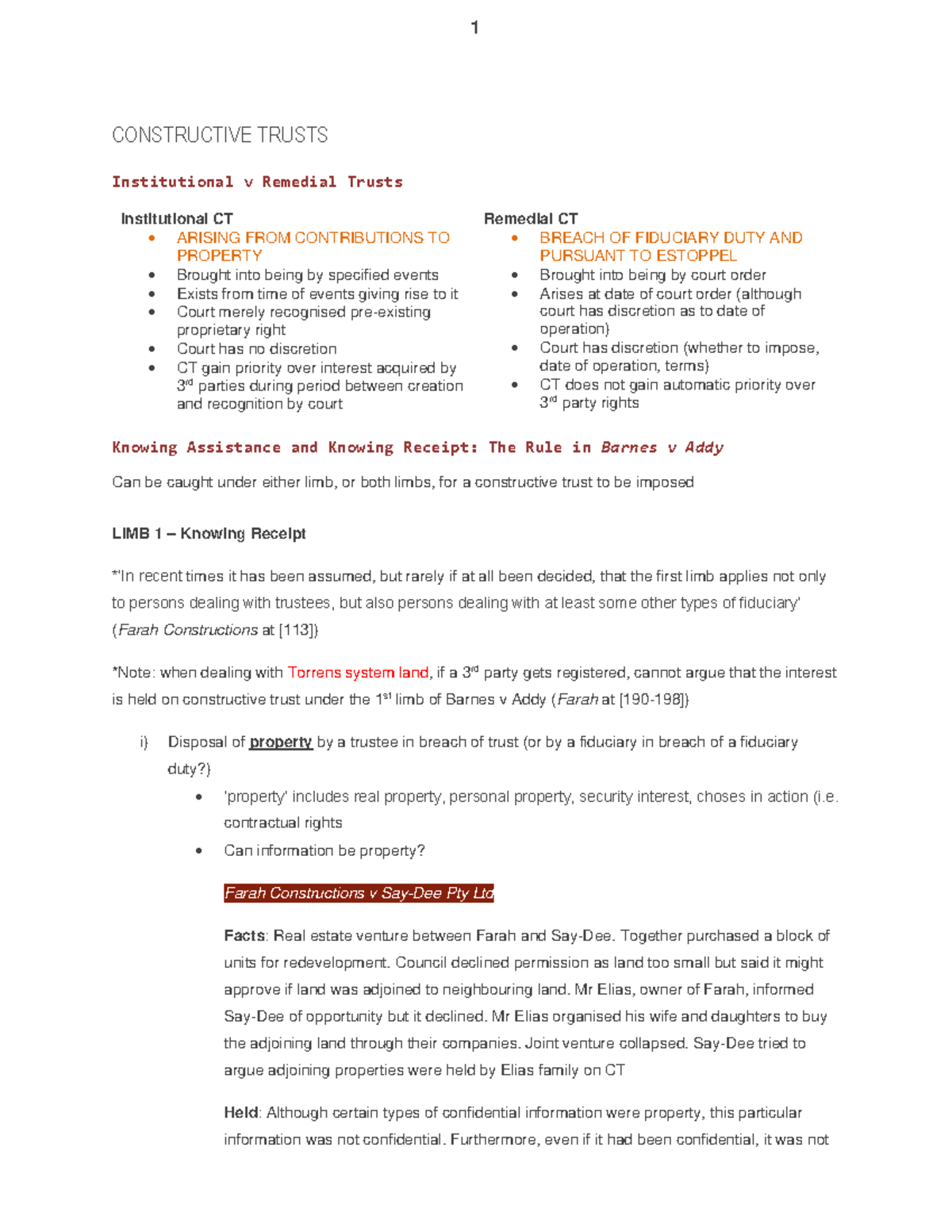 Trust law notes 3 - CONSTRUCTIVE TRUSTS Institutional v Remedial Trusts ...