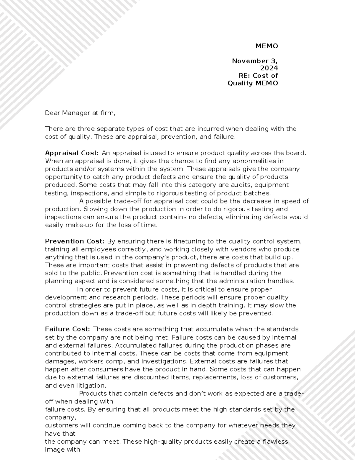 QHT1 Task 1 - Assignment - Dear Manager at firm, There are three ...