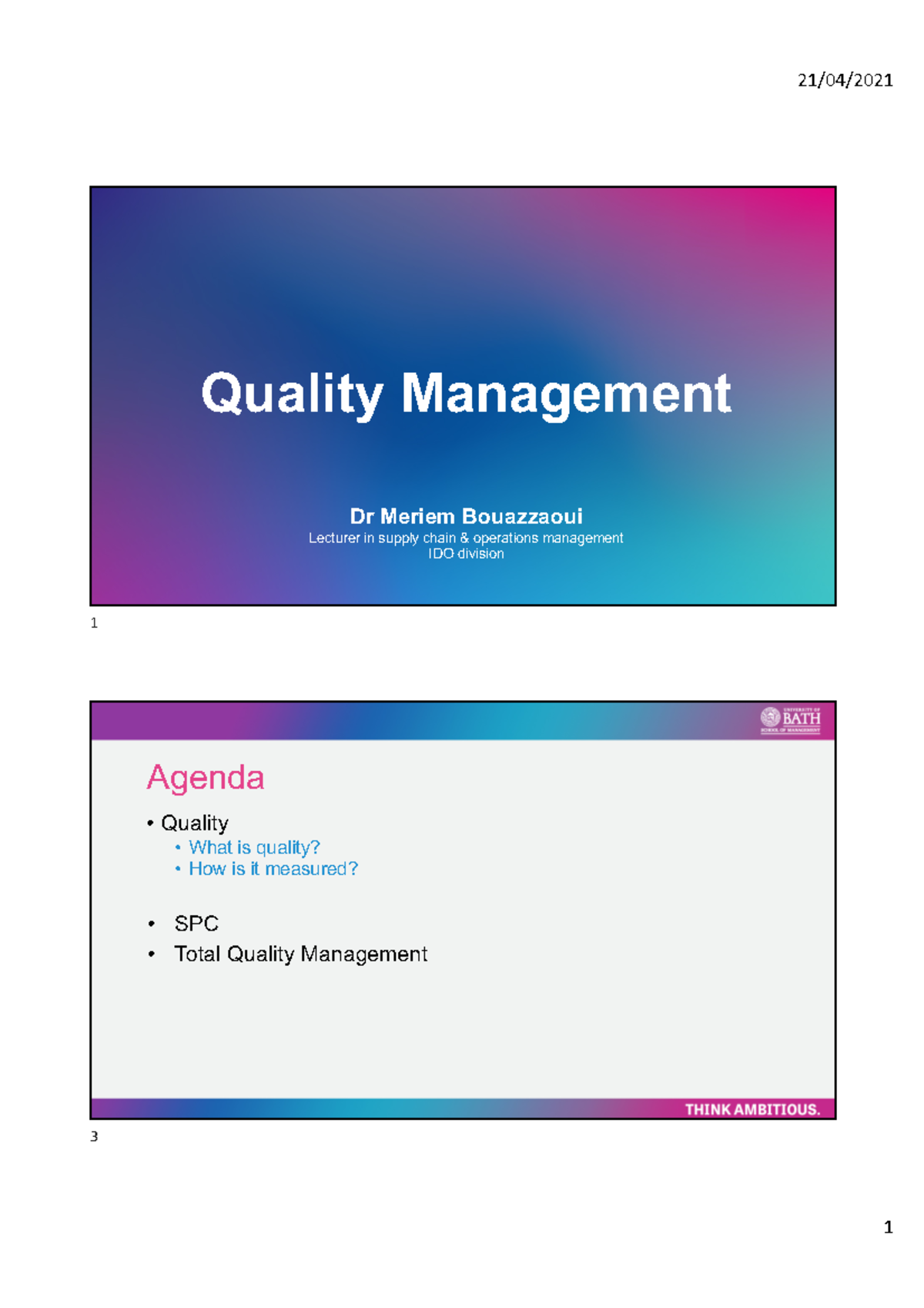 Lecture 9 - Quality Management - Quality Management ####### Dr ...