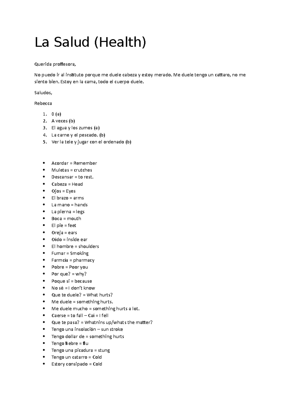 Spanish Lesson 3 (Writing to the Doctor +Imperfect tense) - La Salud ...