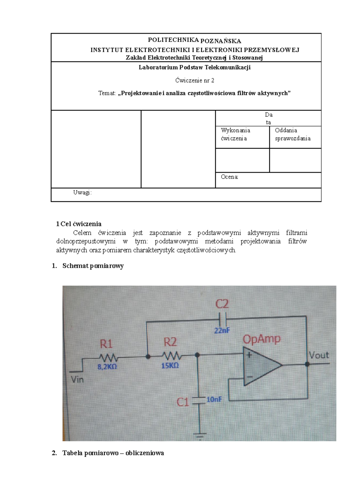 Projektowanie i analiza częstotliwościowa filtrów aktywnych ...