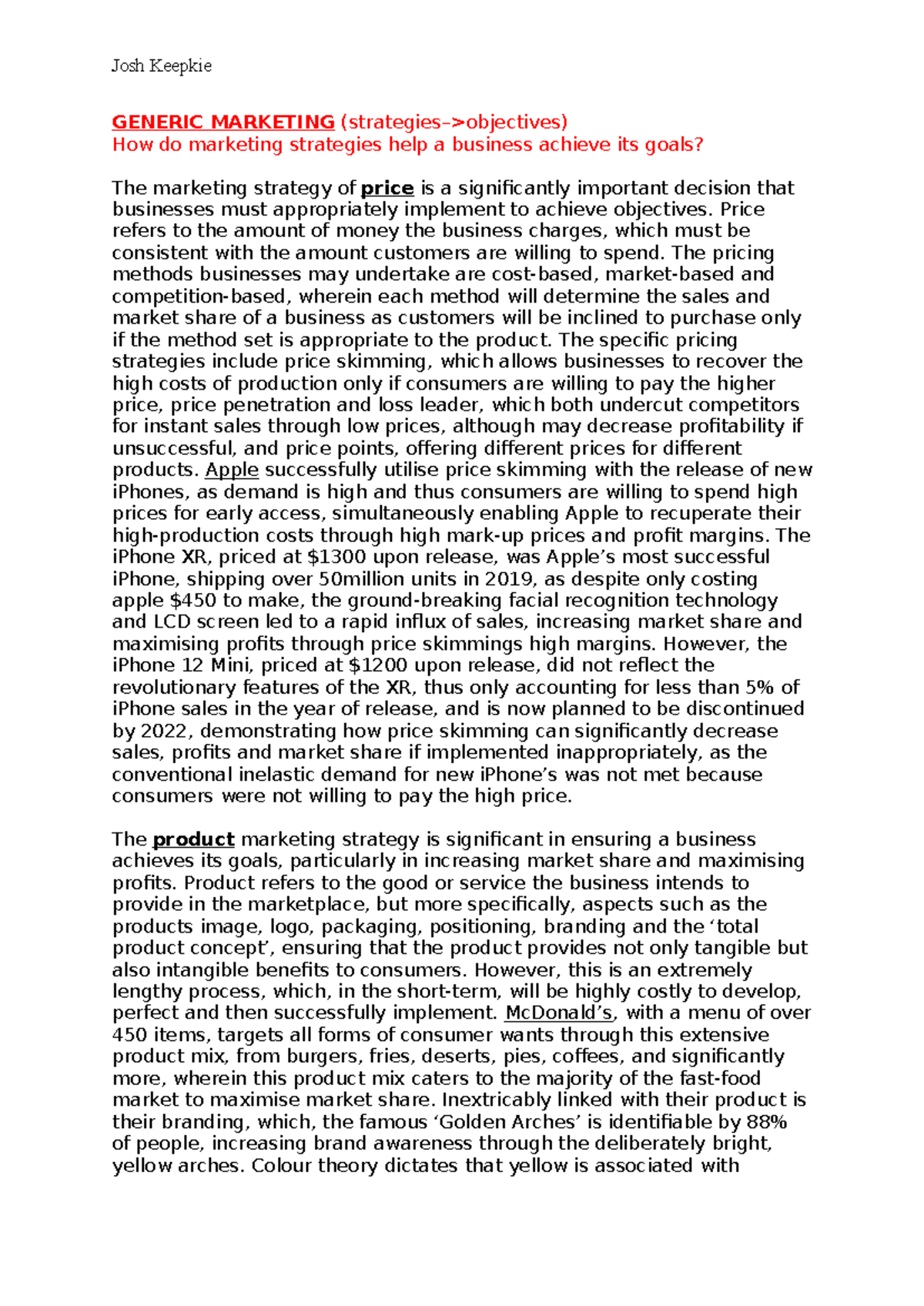 Extended Response Strategy Paragraphs - GENERIC MARKETING (strategies ...