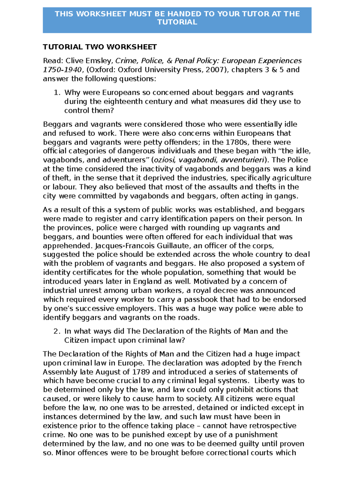 Tutorial TWO Worksheet - THIS WORKSHEET MUST BE HANDED TO YOUR TUTOR AT ...