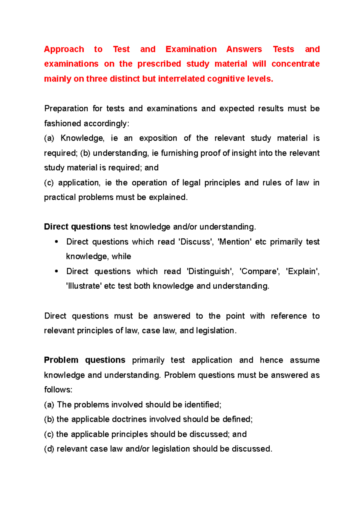 Approach to Test and Examination Answers Tests and examinations on the ...