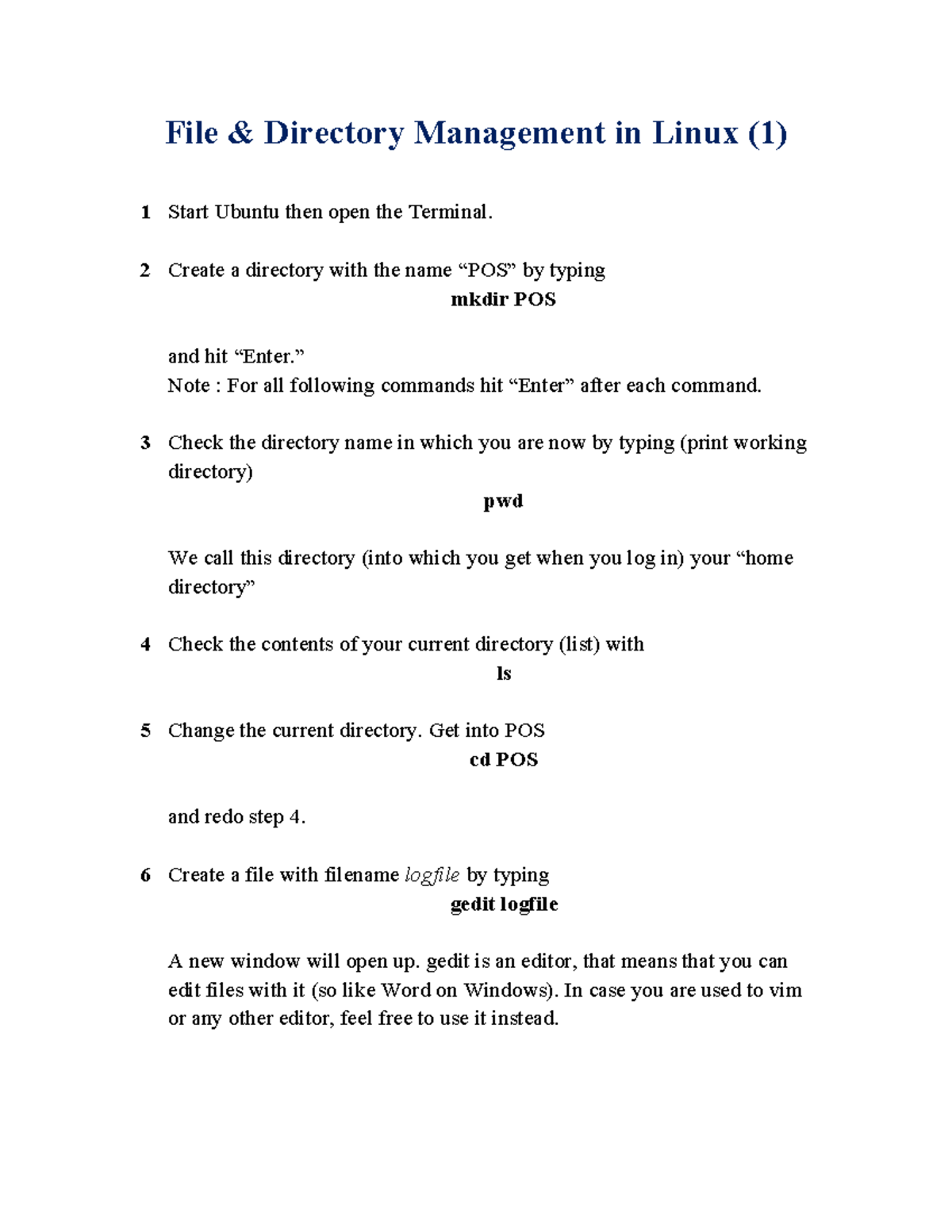 Tutorial 2 Exercise - Lona - File & Directory Management in Linux (1) 1 Start Ubuntu then open ...