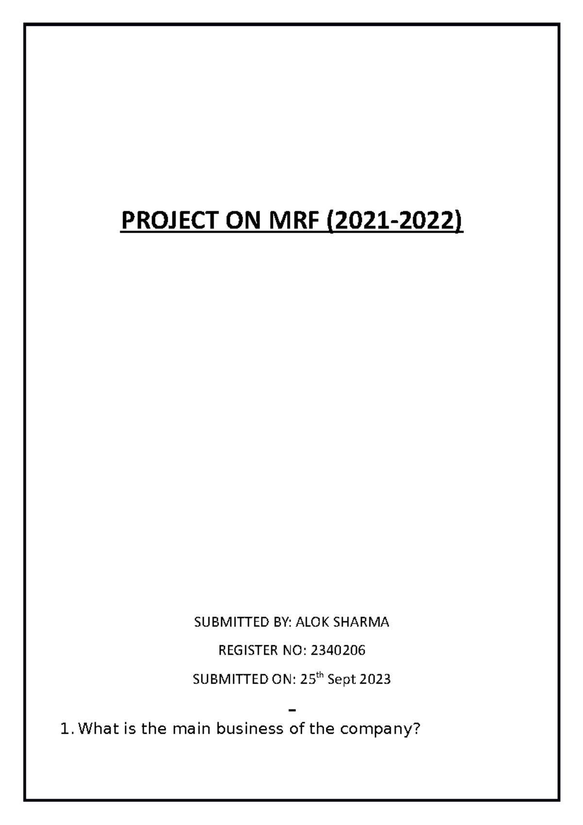 Project ON MRF 2340206, Alok Sharma - PROJECT ON MRF (2021-2022 ...