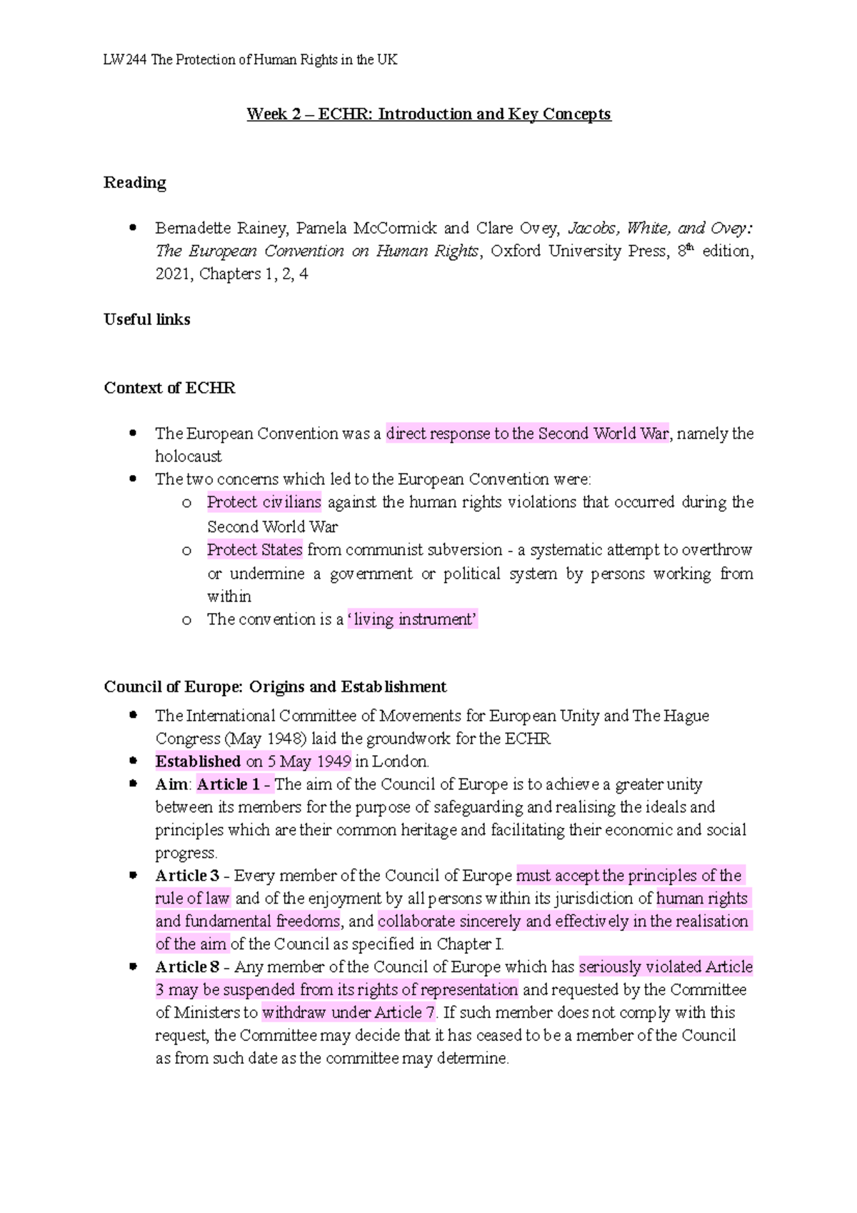 Week 2 reading list - Introduction and Key Concepts - Week 2 – ECHR: Introduction and Key ...