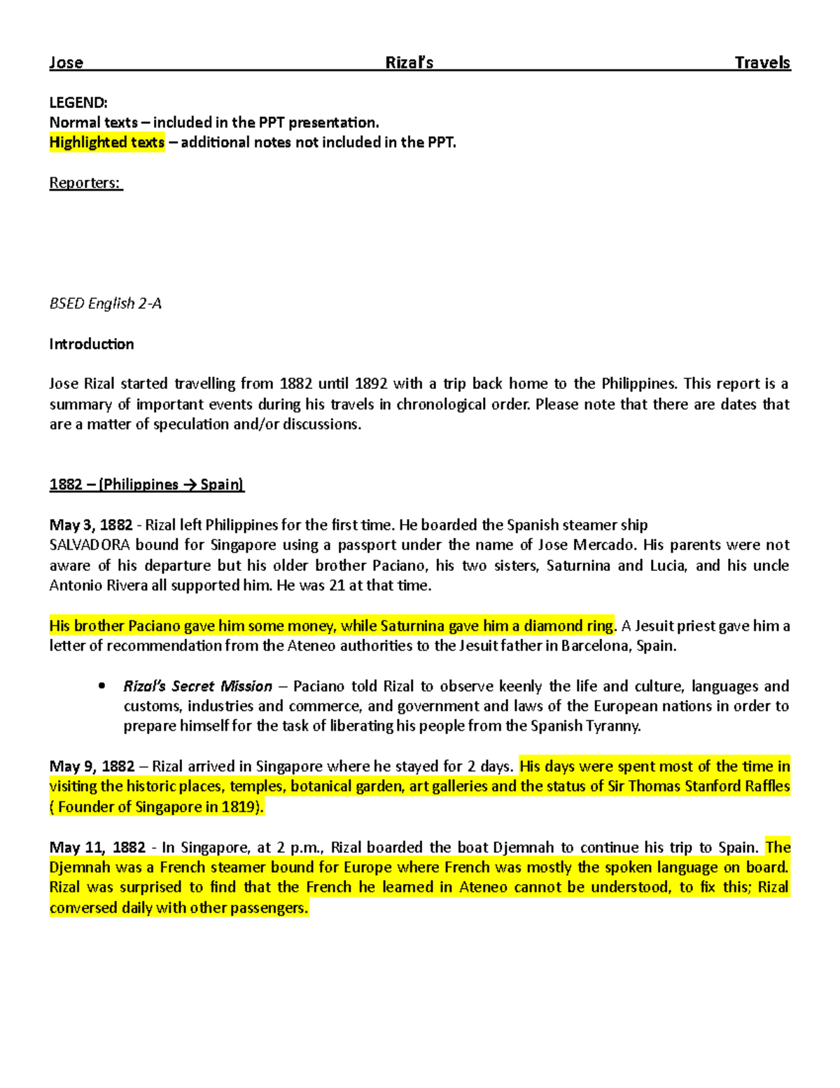Jose Rizal's Travels Report - Jose Rizal’s Travels LEGEND: Normal texts ...