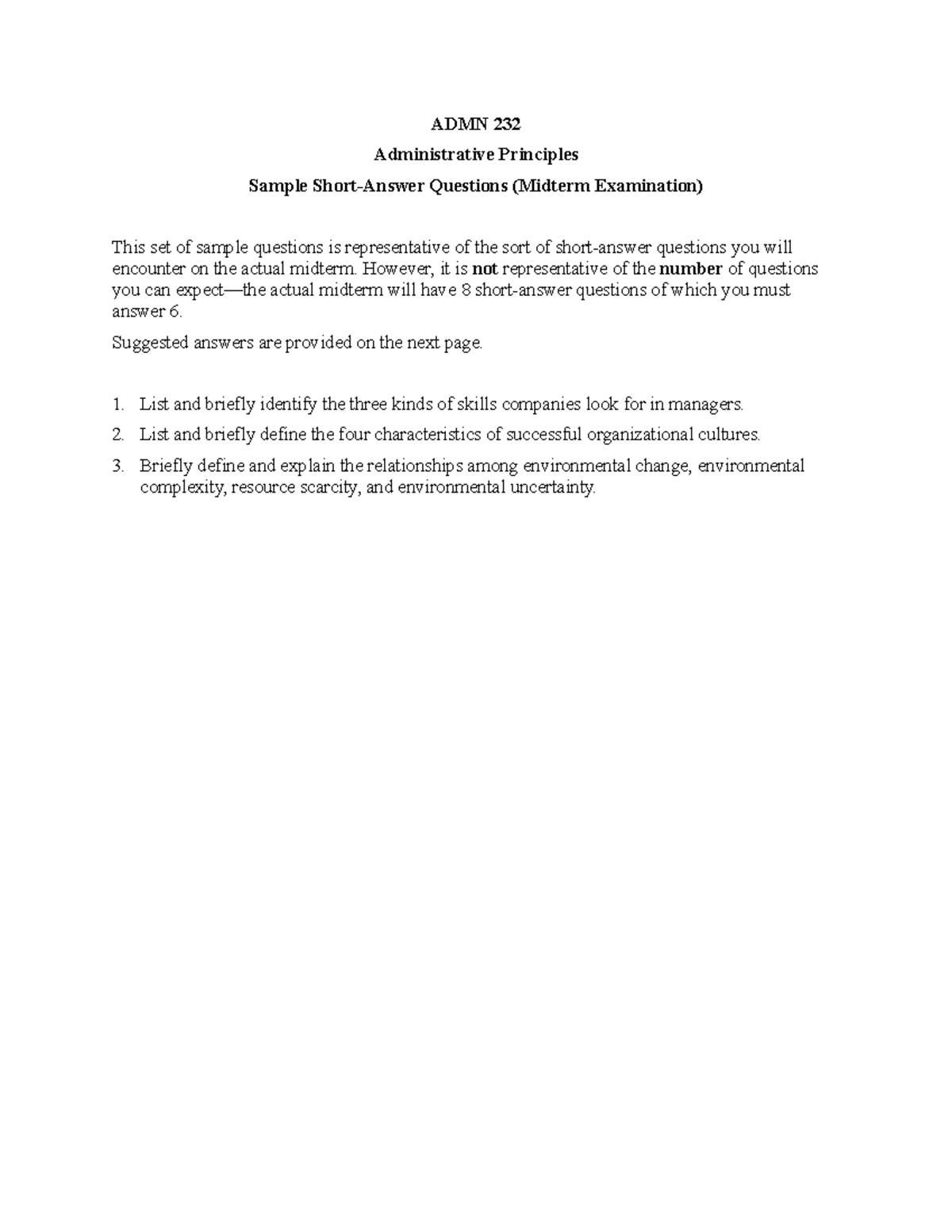 Midterm 1 1 July 2020, questions and answers - ADMN 232 Administrative Principles Sample - Studocu