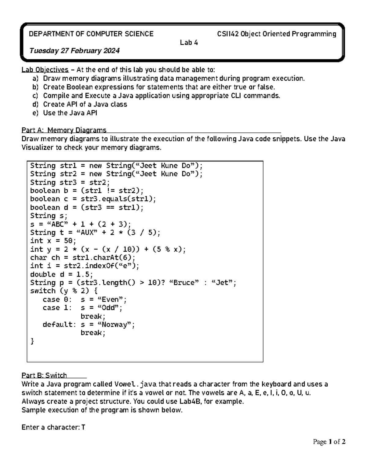 Csi142 lab4-2024 - lab practice - Page 1 of 2 Lab Objectives – At the end of this lab you should ...