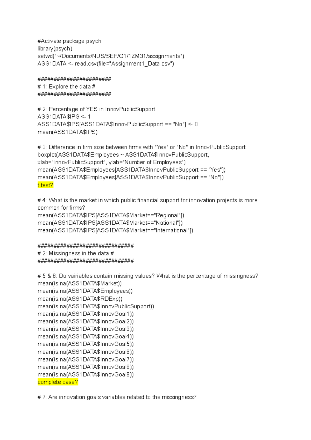 Assignment 1 Rcode - package psych library(psych) ASS1DATA 1: Explore ...