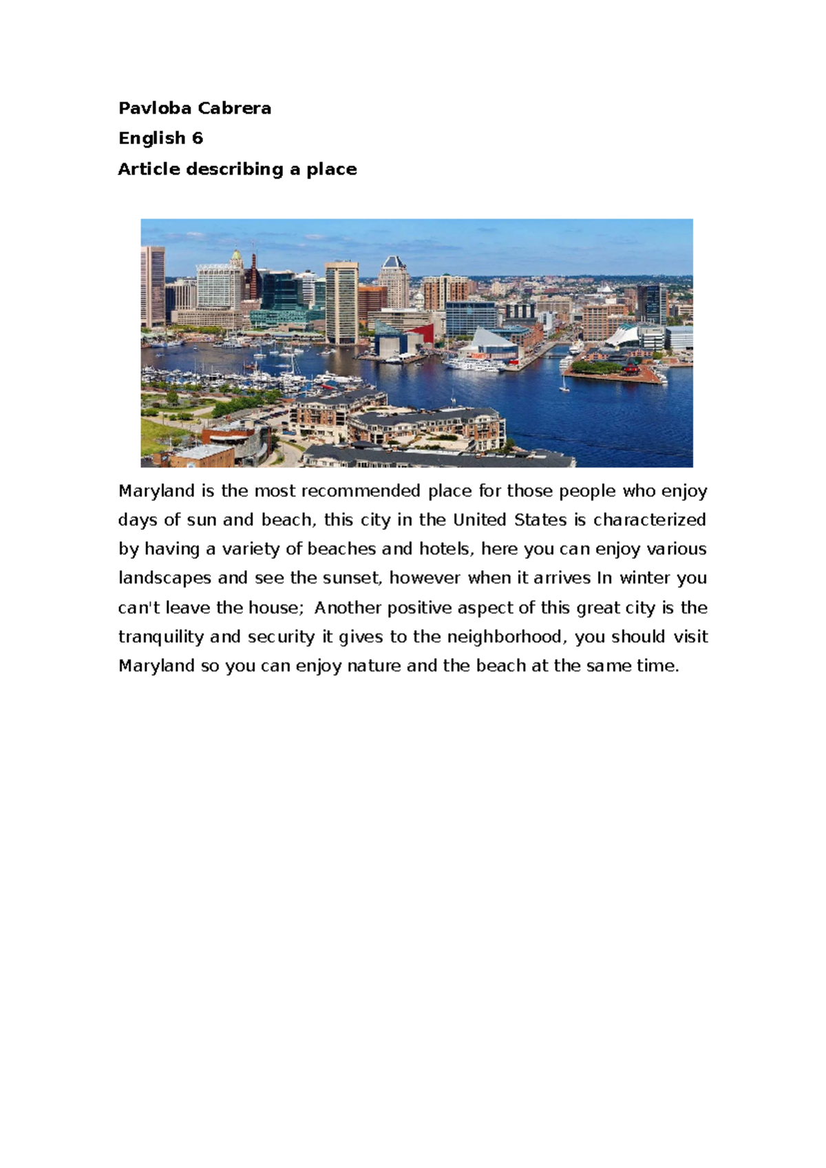 Article Place Cabrera - Pavloba Cabrera English 6 Article describing a ...