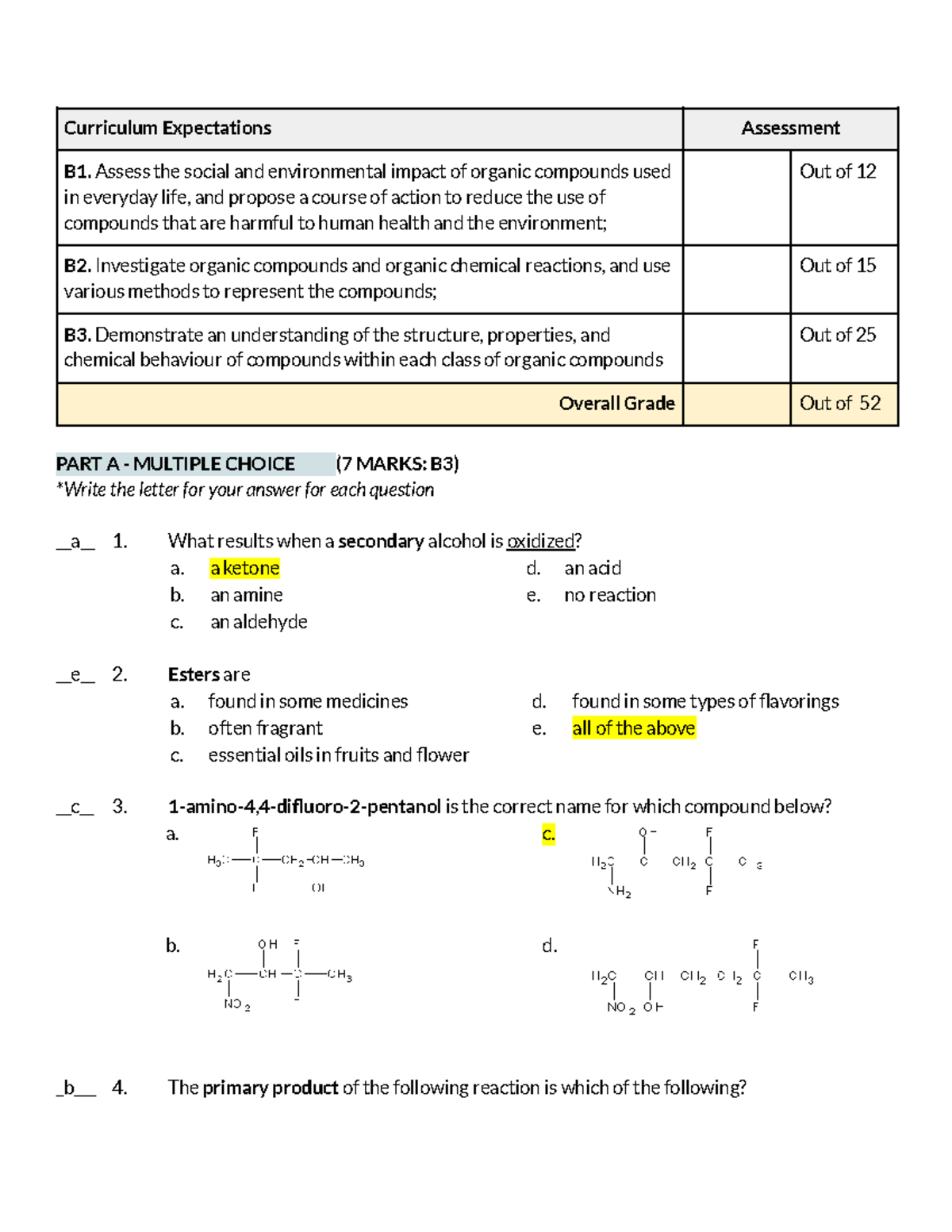 Organic Chemistry - Curriculum Expectations Assessment B1. Assess the ...