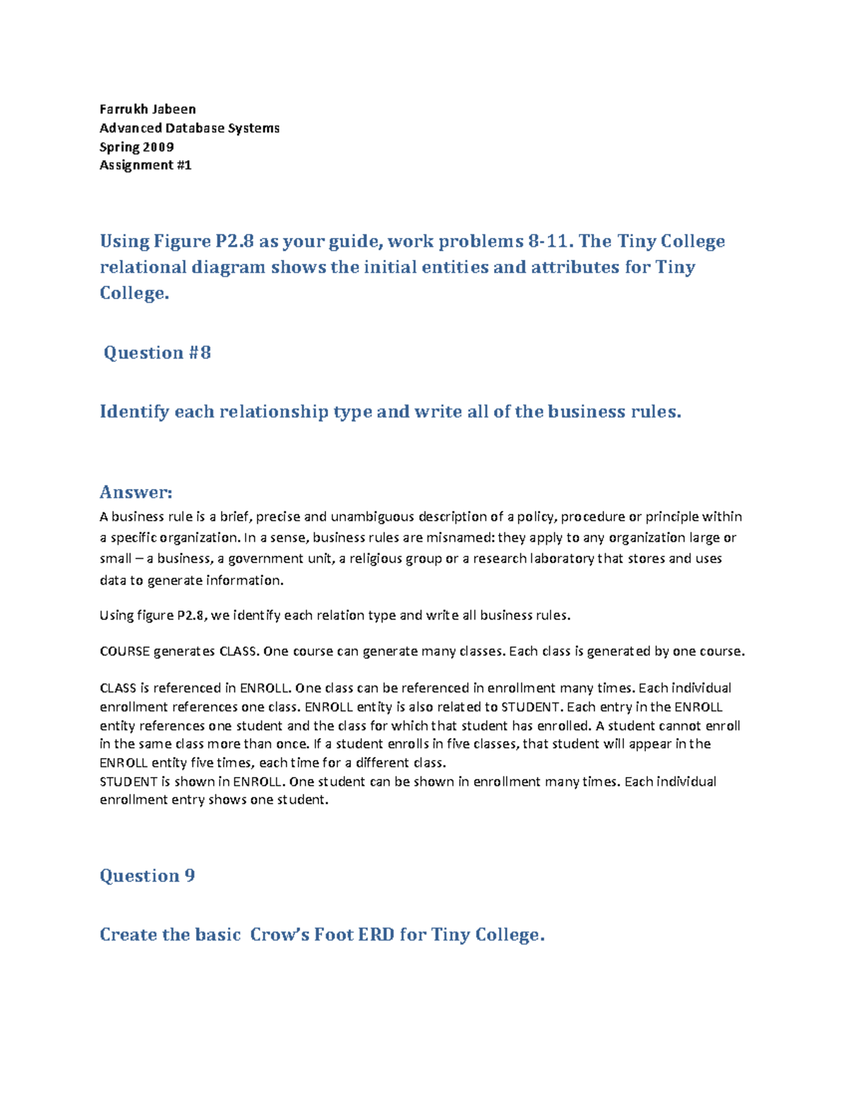 Microsoft word - assignment 1 - Farrukh Jabeen Advanced Database ...