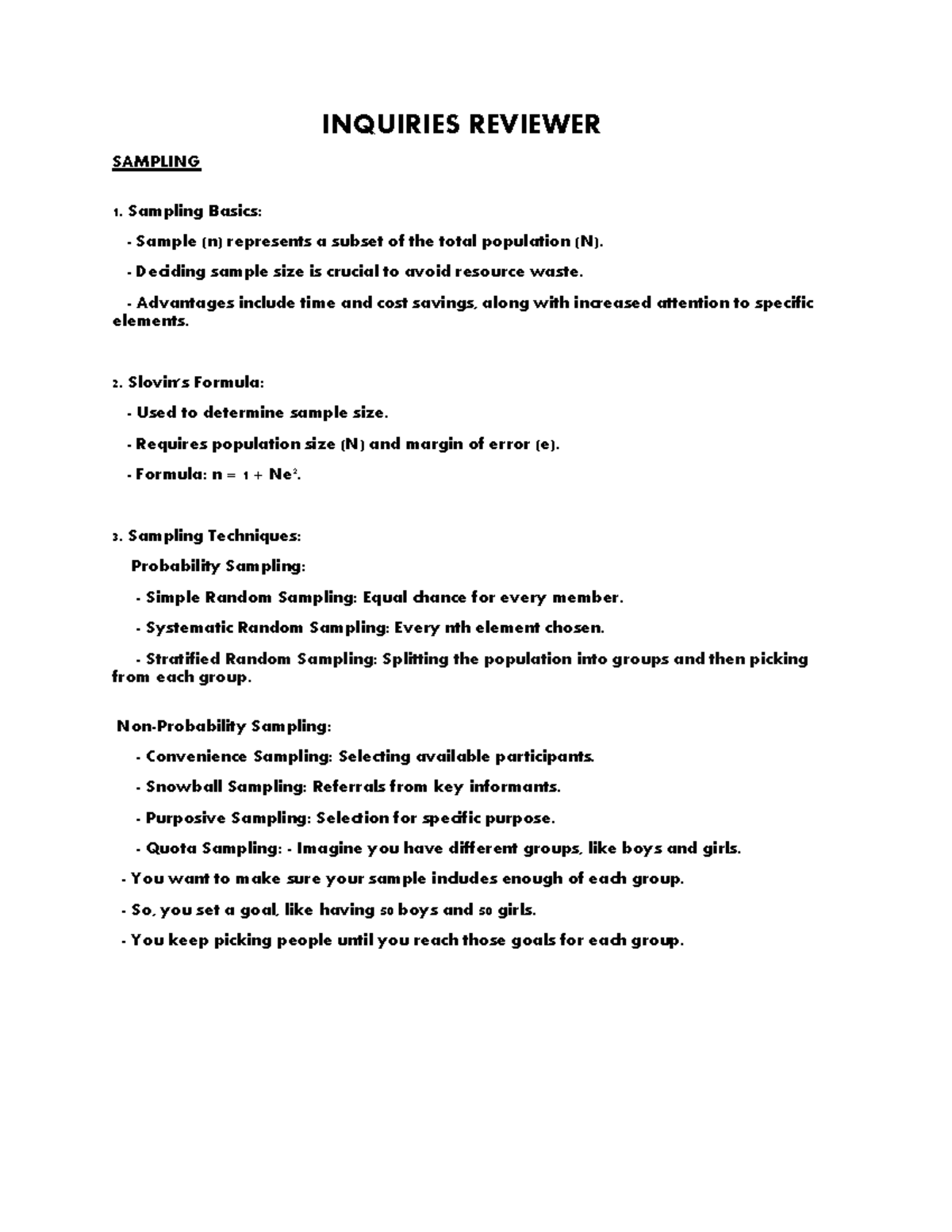 Inquries- Reviewer - INQUIRIES REVIEWER SAMPLING Sampling Basics ...