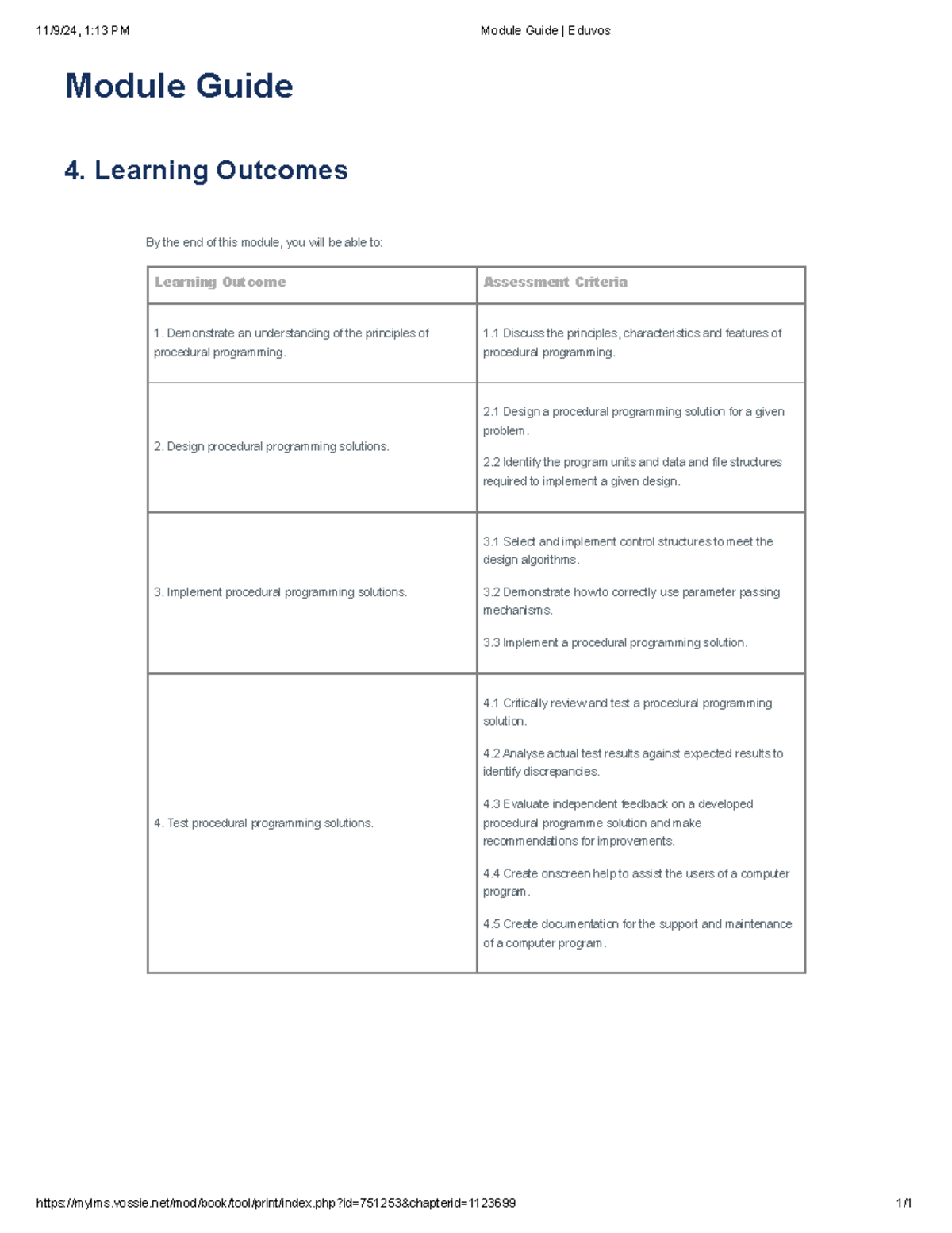 Module Guide Eduvos - Summary Procedural programming - Module Guide 4. Learning Outcomes By the ...