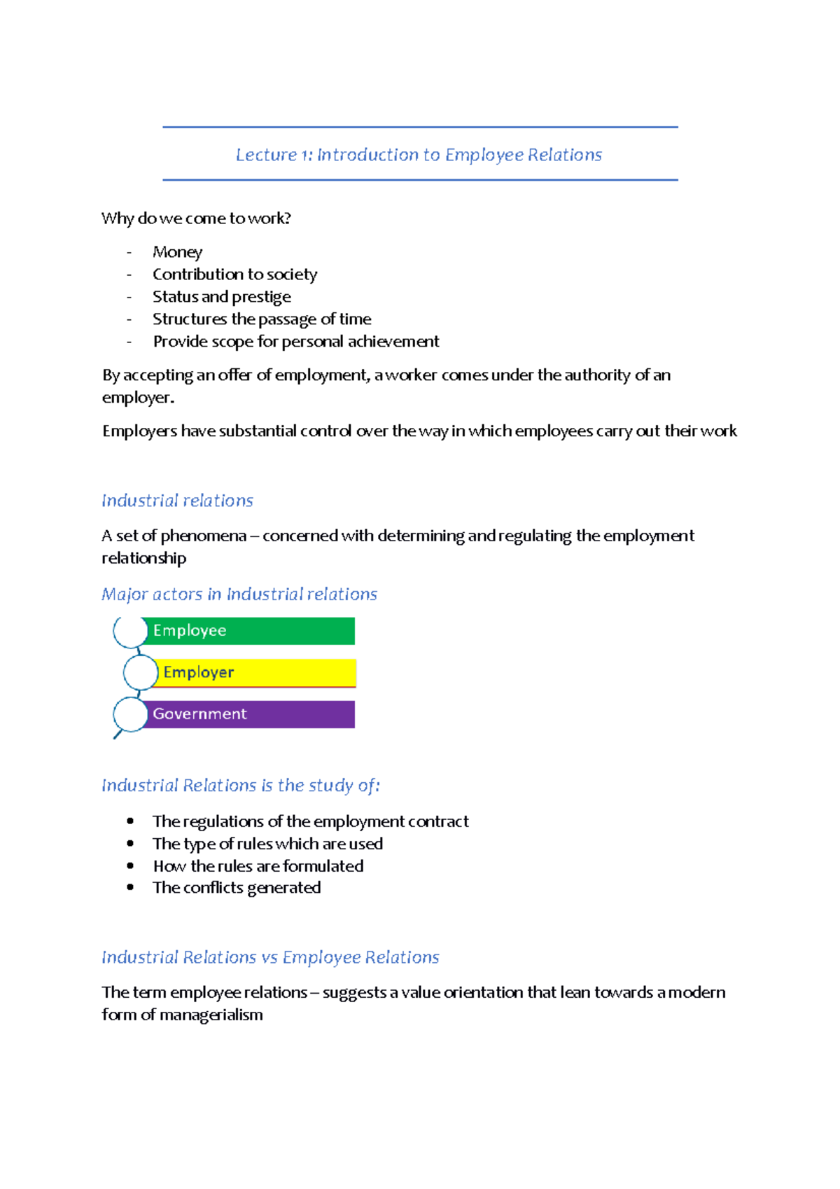 Employee relations lecture 1 - Lecture 1: Introduction to Employee ...