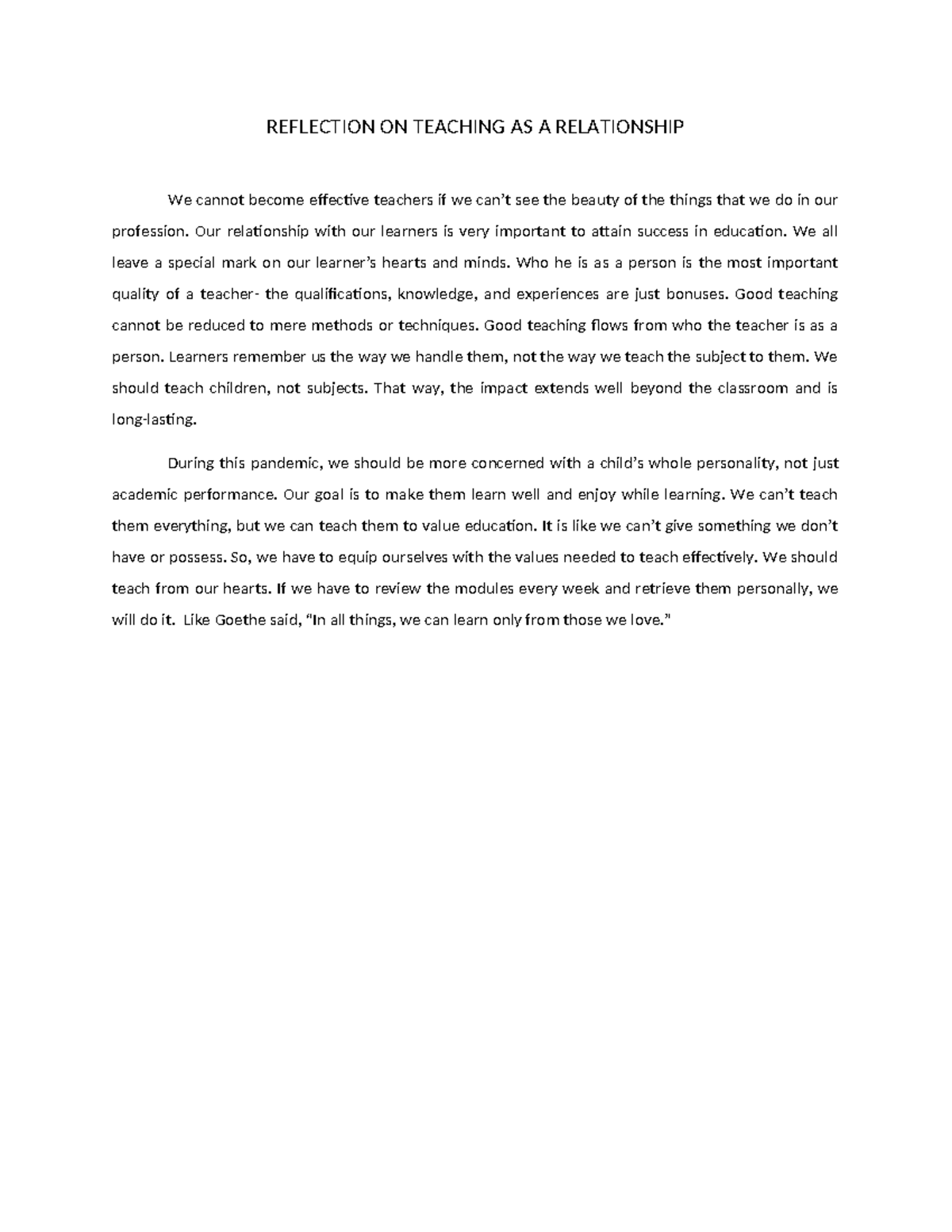 Reflection ON Teaching AS A Relationship - REFLECTION ON TEACHING AS A ...