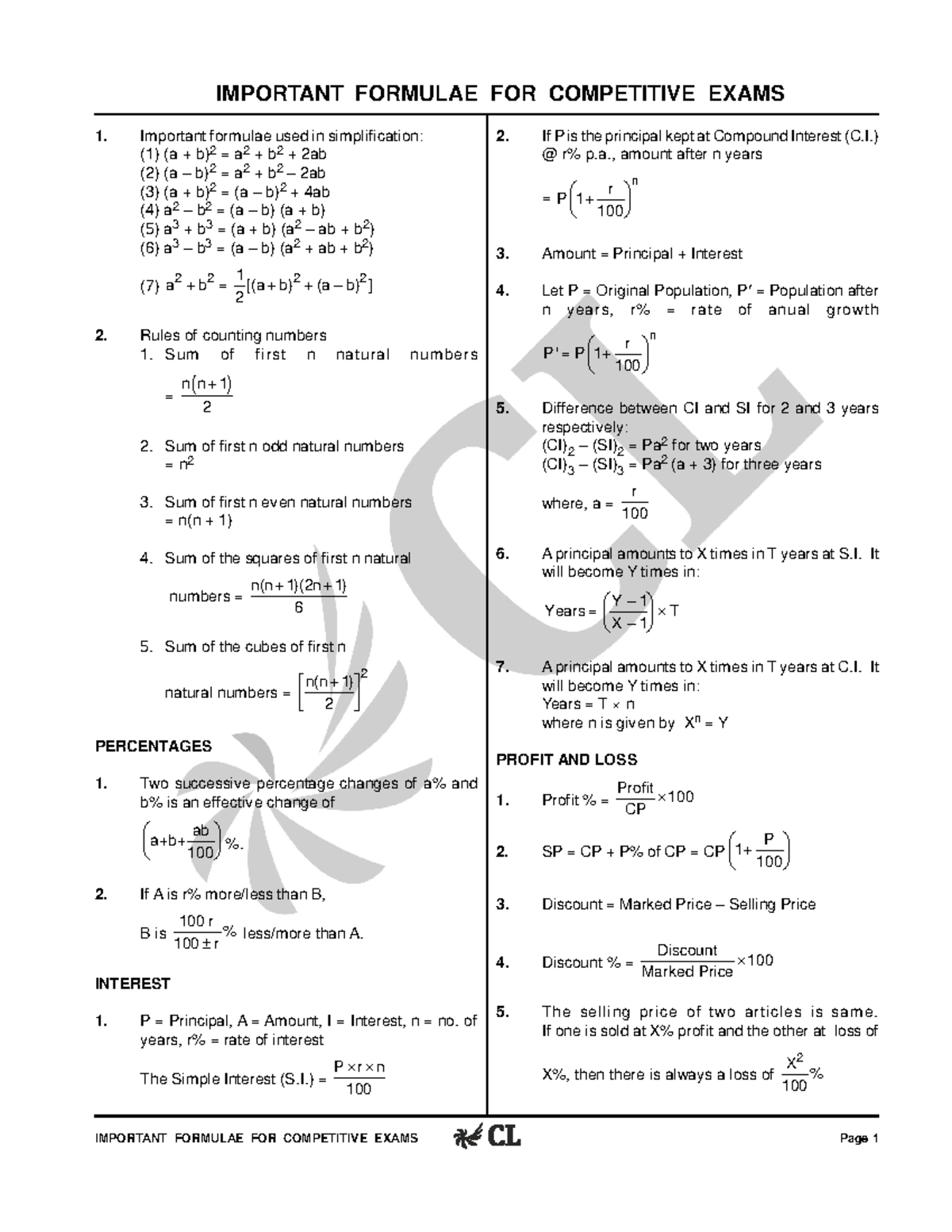 Important Formulae - Formulas for stats - IMPORTANT FORMULAE FOR ...