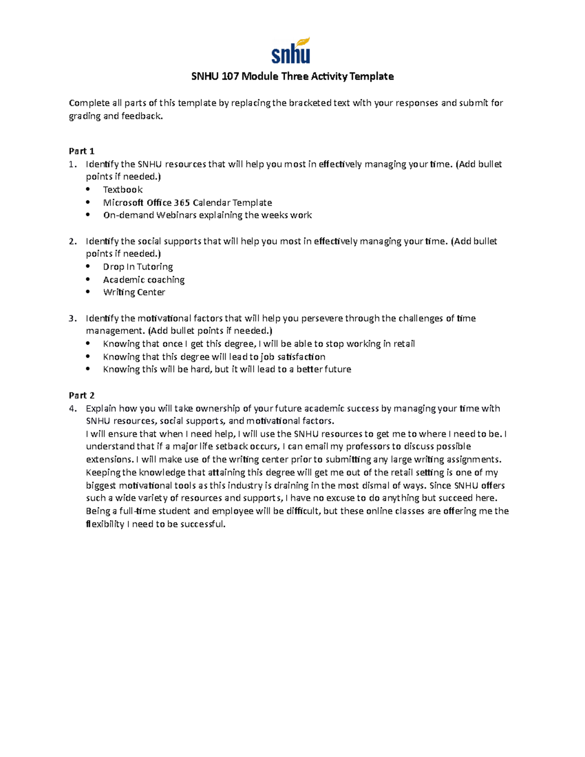 Success Module 3 Activity - SNHU 107 Module Three Activity Template ...