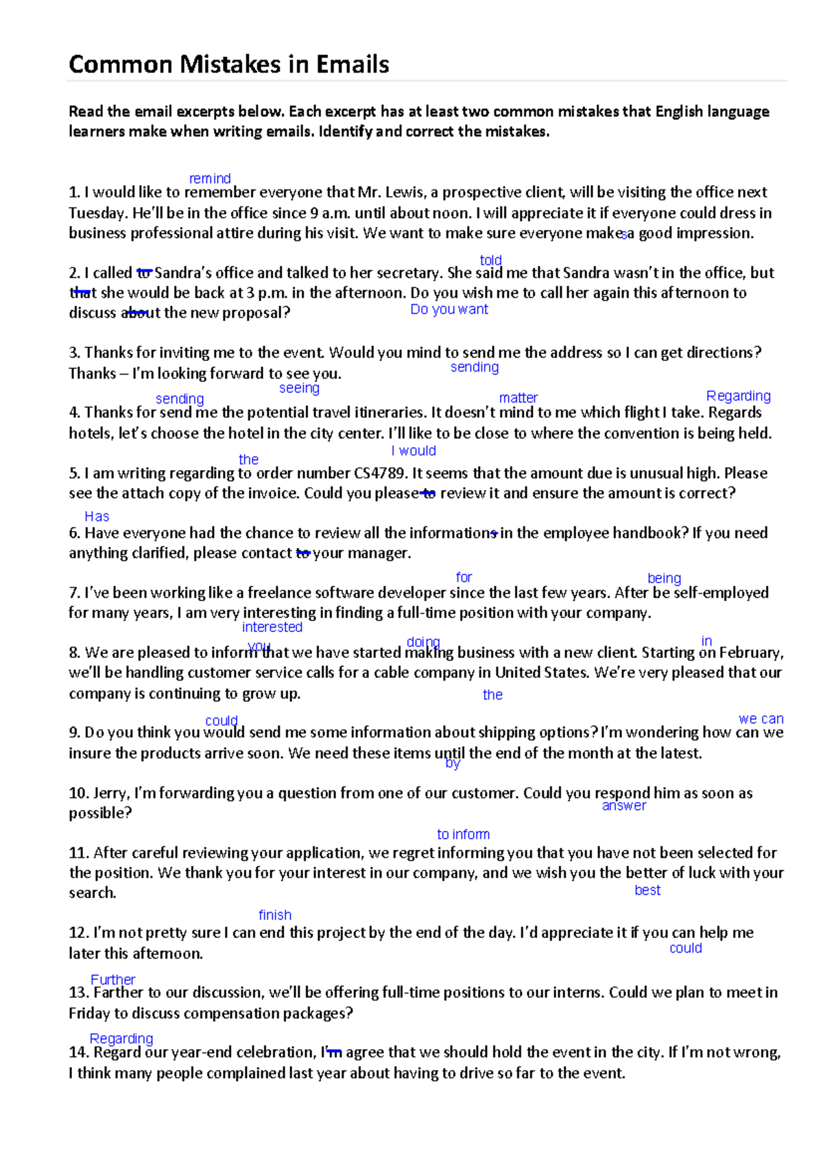 Common Mistakes in Emails - Each excerpt has at least two common ...