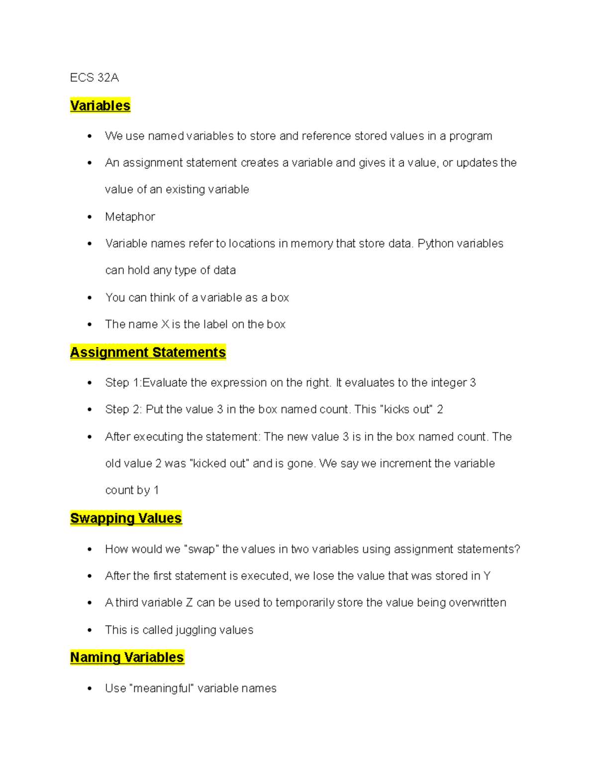 ECS 32A Day 7 - Swapping Values - ECS 32A Variables We use named ...