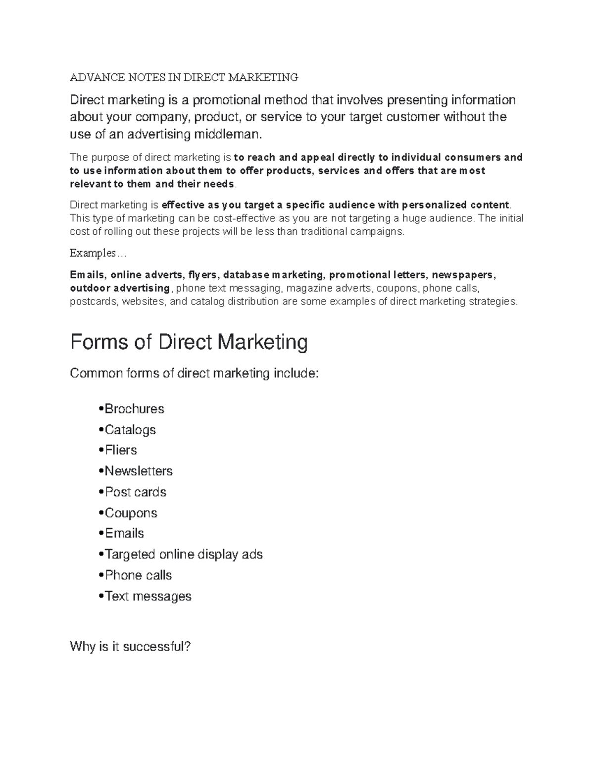 Direct Marketing Course Advance Notes - Studocu