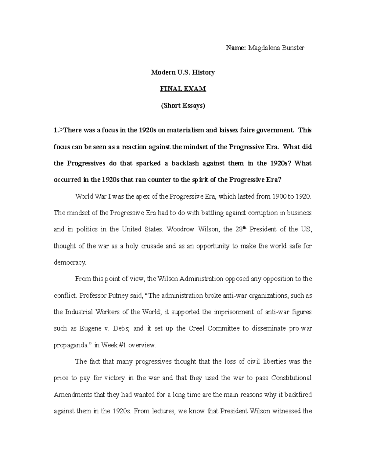 Final Exam - Bunster, Magdalena - Name: Magdalena Bunster Modern U ...