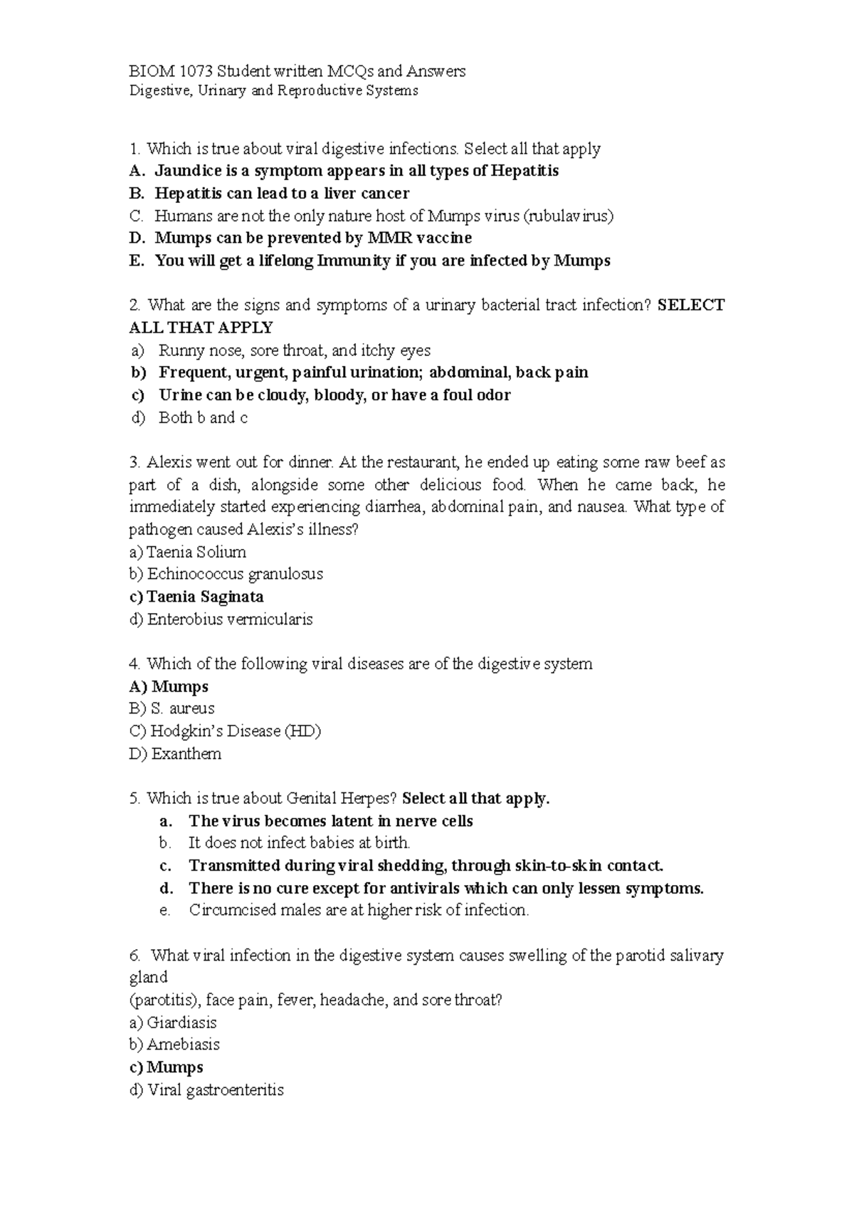 Student Wrttten MCQs-Digest and Repro-Answers - Digestive, Urinary and Reproductive Systems ...