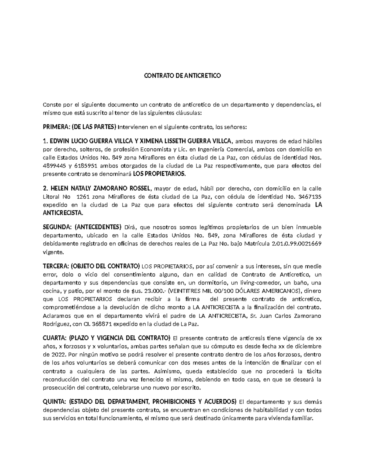 Documento - CONTRATO DE ANTICRETICO Conste por el siguiente documento ...