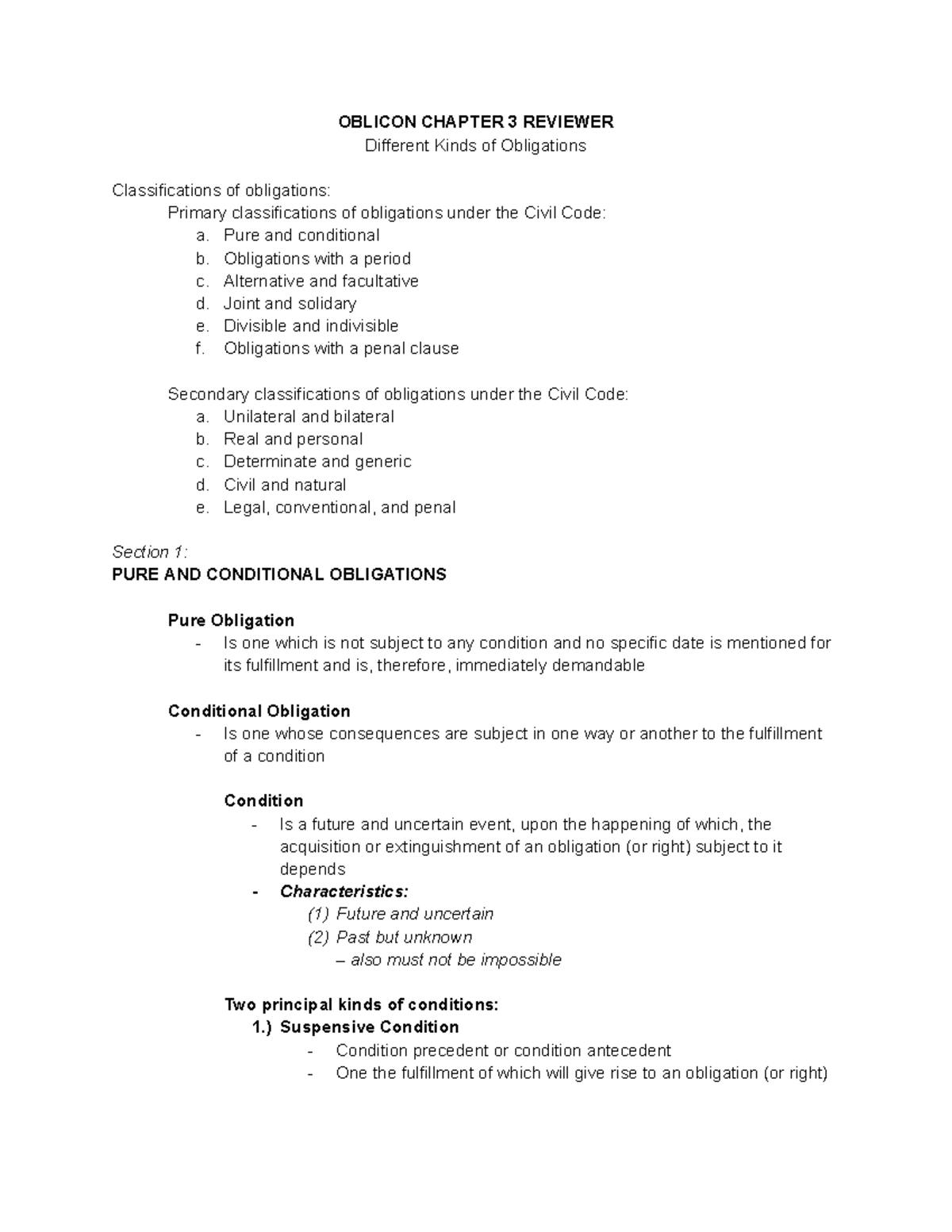 OBLICON Chapter 3 - Different Kinds of Obligations Reviewer - OBLICON CHAPTER 3 REVIEWER ...