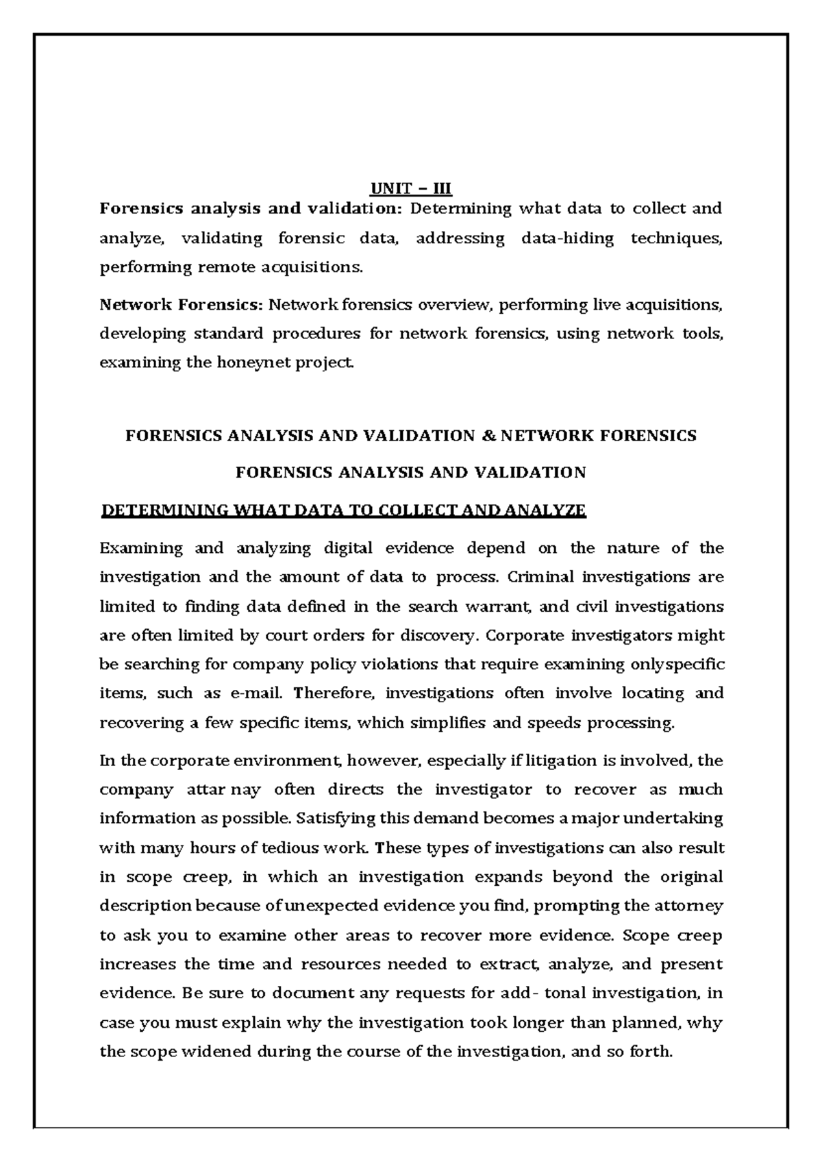 Unit-III - UNIT – III Forensics analysis and validation: Determining what data to collect and ...