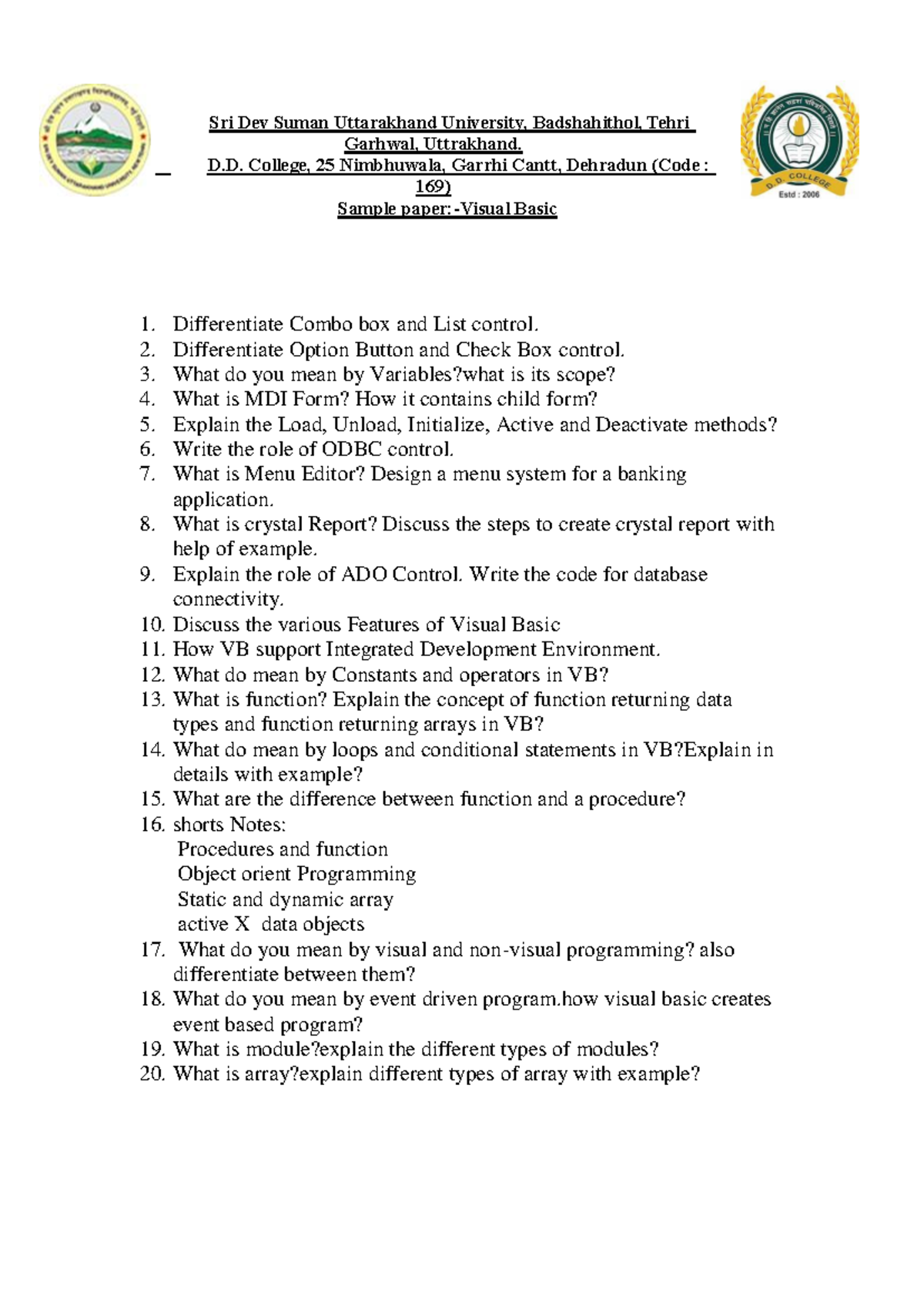 Visual basic Sample paper - Sri Dev Suman Uttarakhand University ...