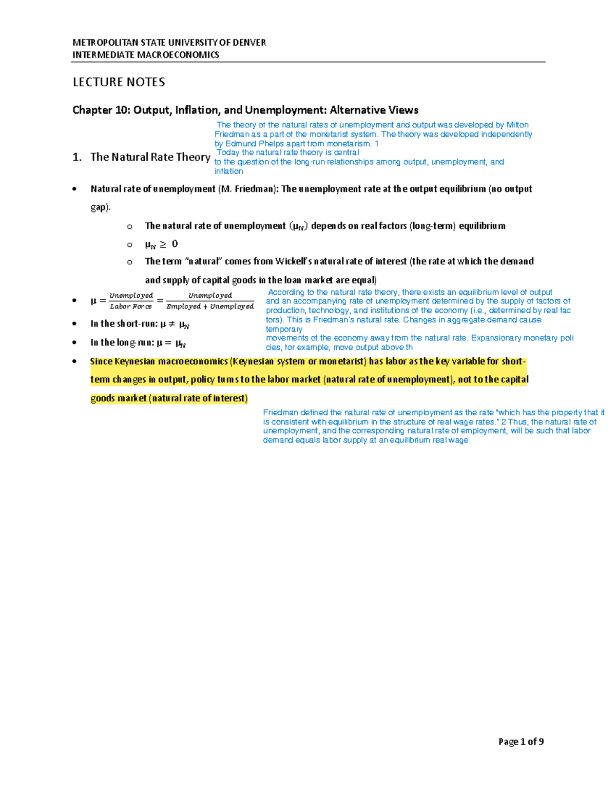 Lecture Notes Chapter 10 Output Inflation And Unemployment Alternative Views Intermediate