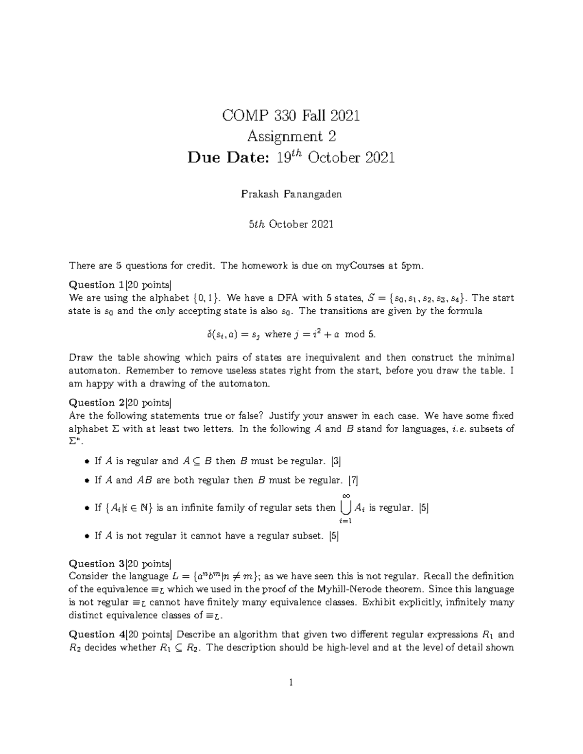 Assignment 3 from fall - COMP 330 Fall 2021 Assignment 2 Due Date: 19 ...