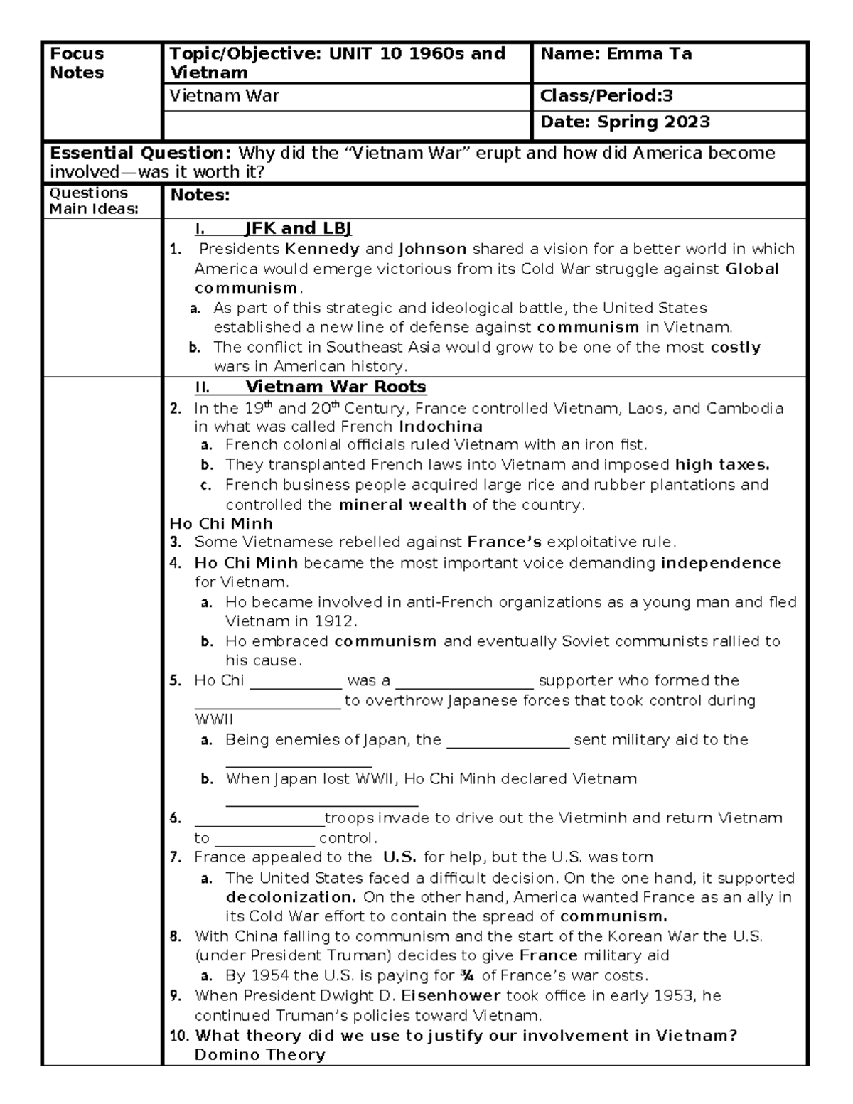 Unit 10 Vietnam War Notes 2023 - Focus Notes Topic/Objective: UNIT 10 ...