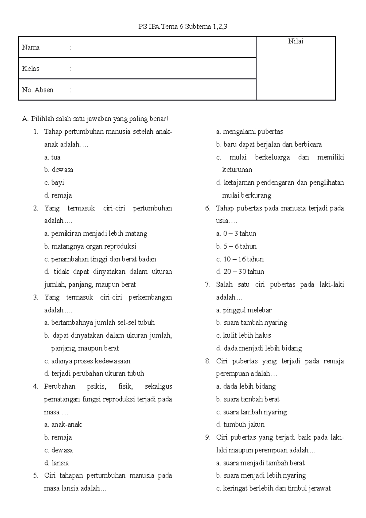 Lembar aktivitas siswa - PS IPA Tema 6 Subtema 1,2, Nama : Nilai Kelas ...