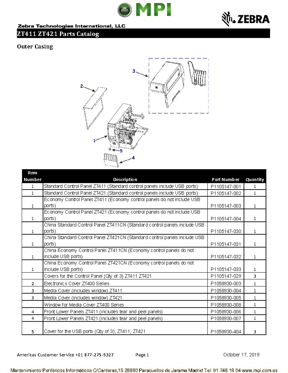 Recambios Esquemas Zebra ZT411 ZT421 EN - Americas Customer Service +01 ...