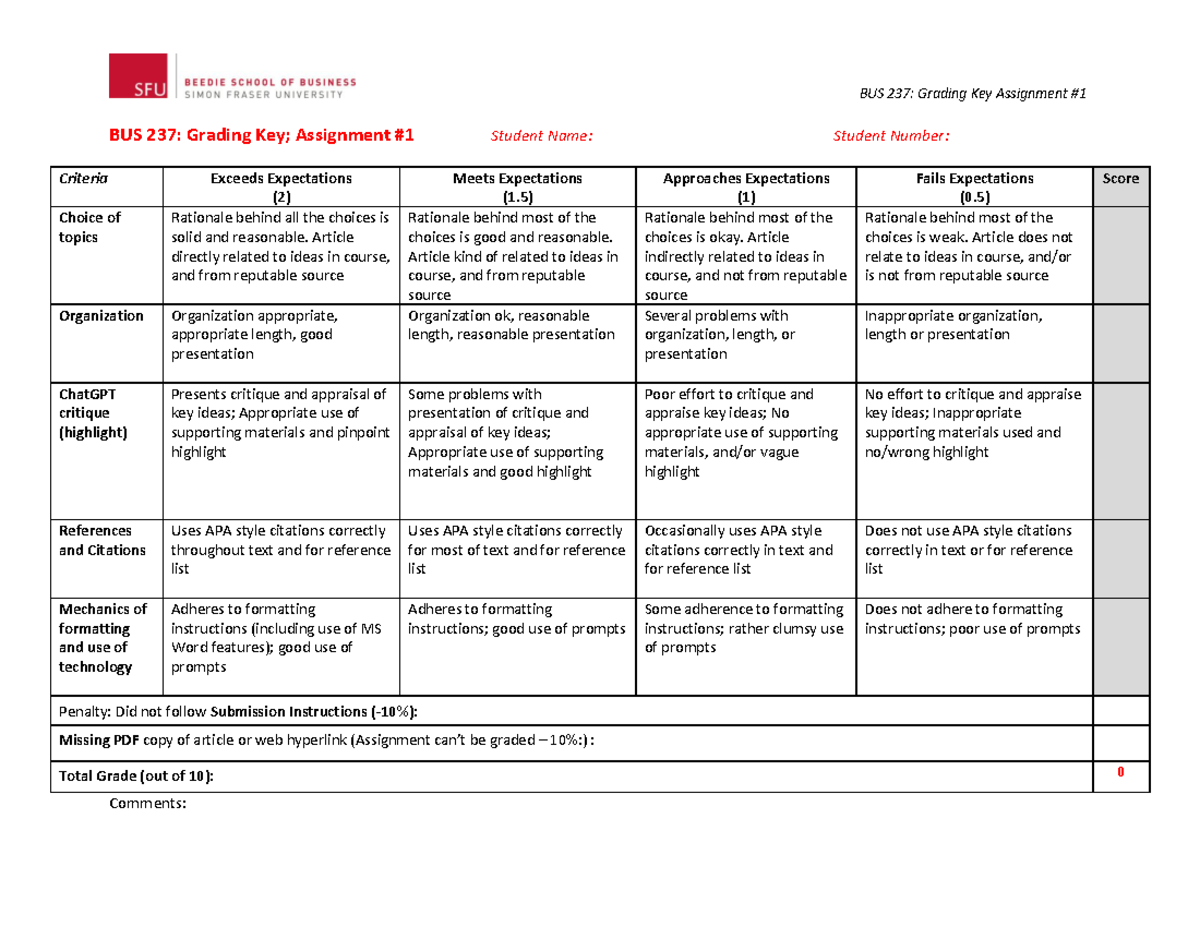 BUS 237: Assignment #1 Grading Rubric - BUS 237: Grading Key Assignment ...