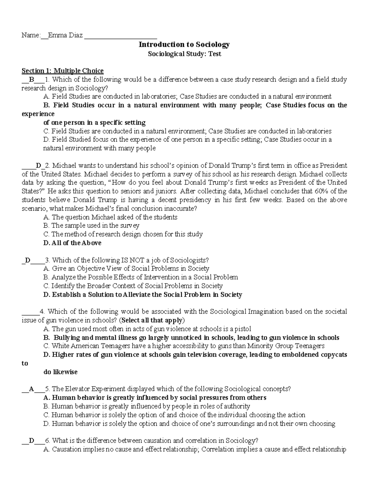 Emma Diaz - Chapter 1 Test - Introduction to Sociology Sociological ...