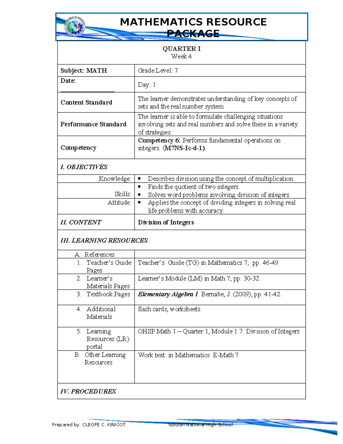 DLPweek 4d1 - PACKAGE QUARTER I Week 4 Subject: MATH Grade Level: 7 ...