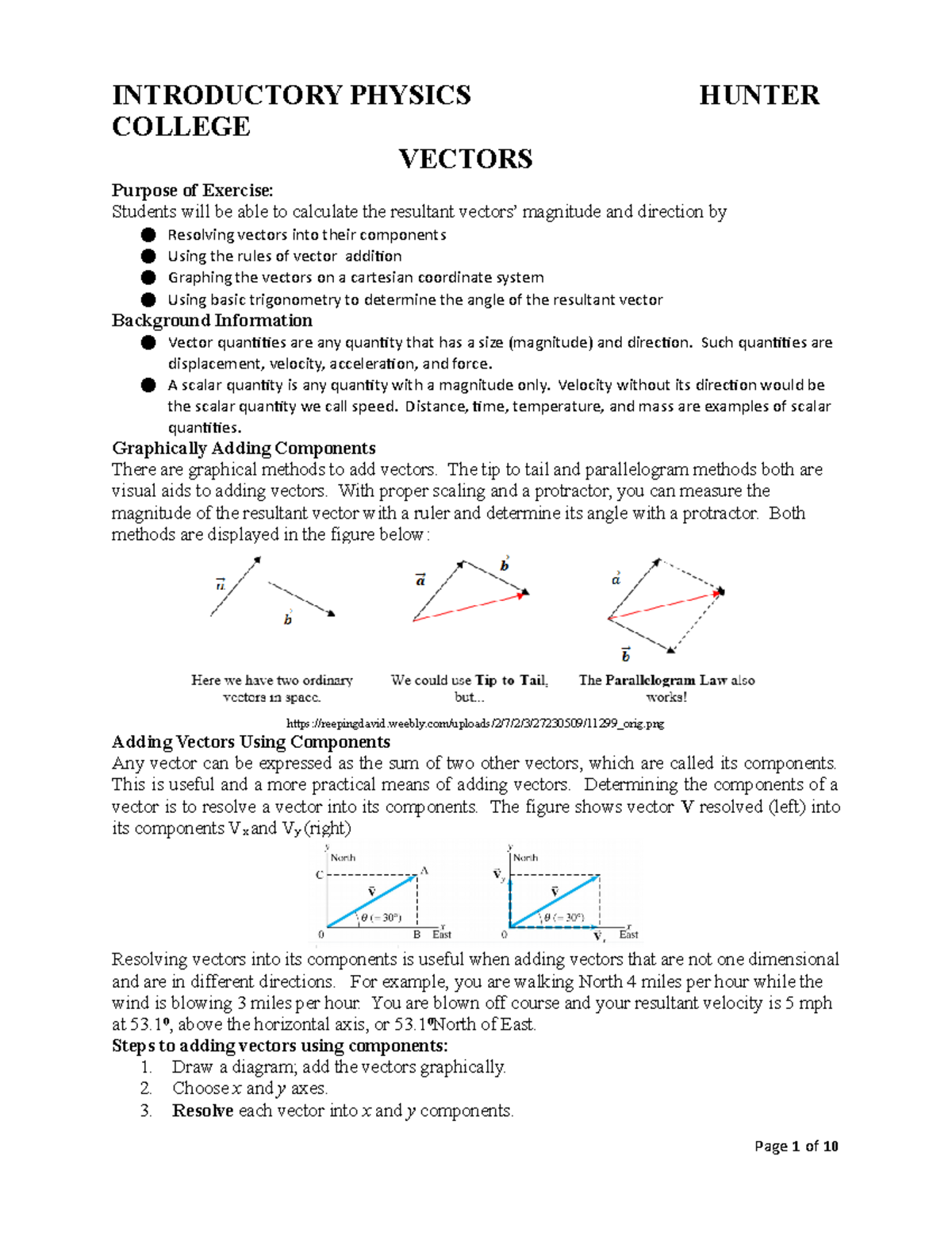 003 Vector Lab Simulation - INTRODUCTORY PHYSICS HUNTER COLLEGE VECTORS ...