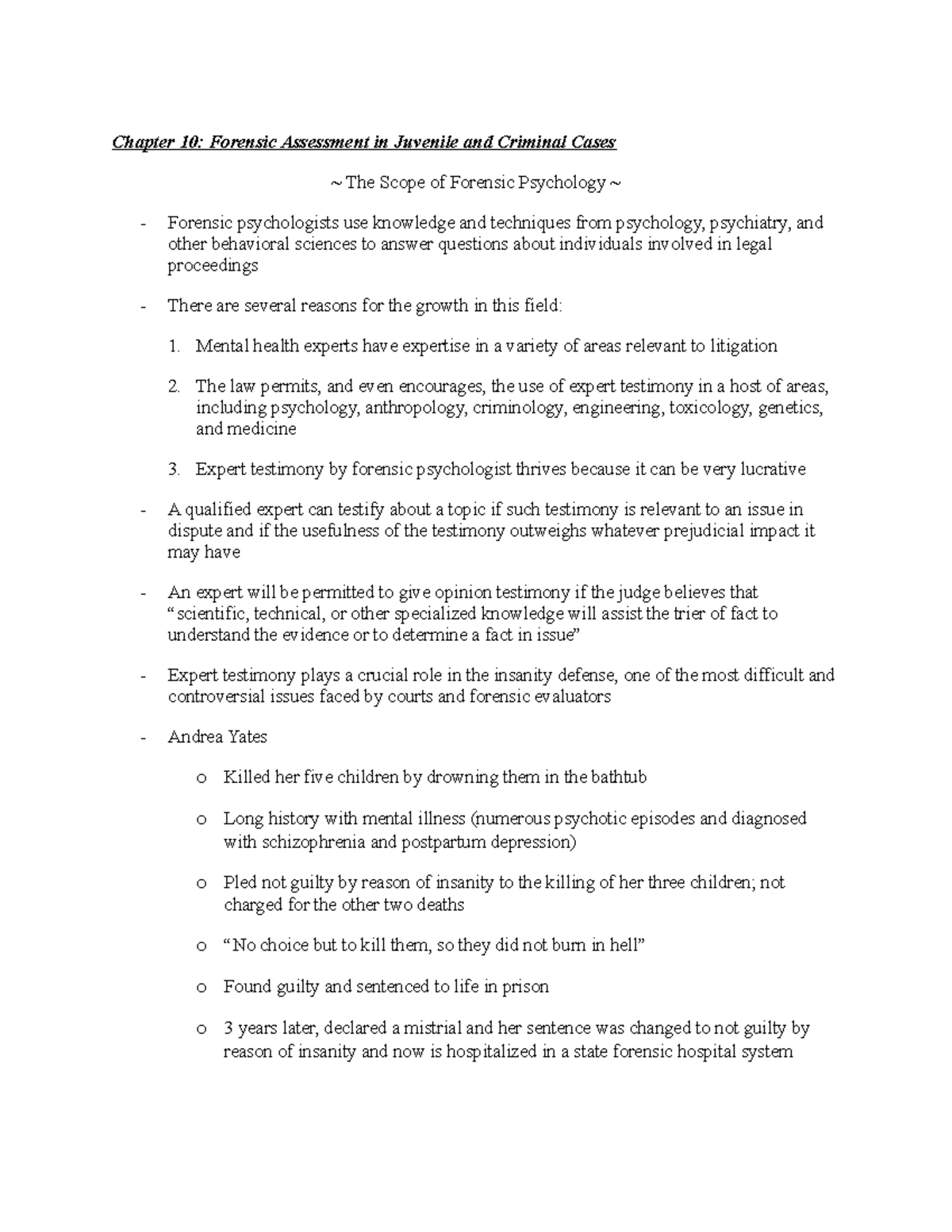 Chapter 10 Book Notes - Chapter 10: Forensic Assessment in Juvenile and ...