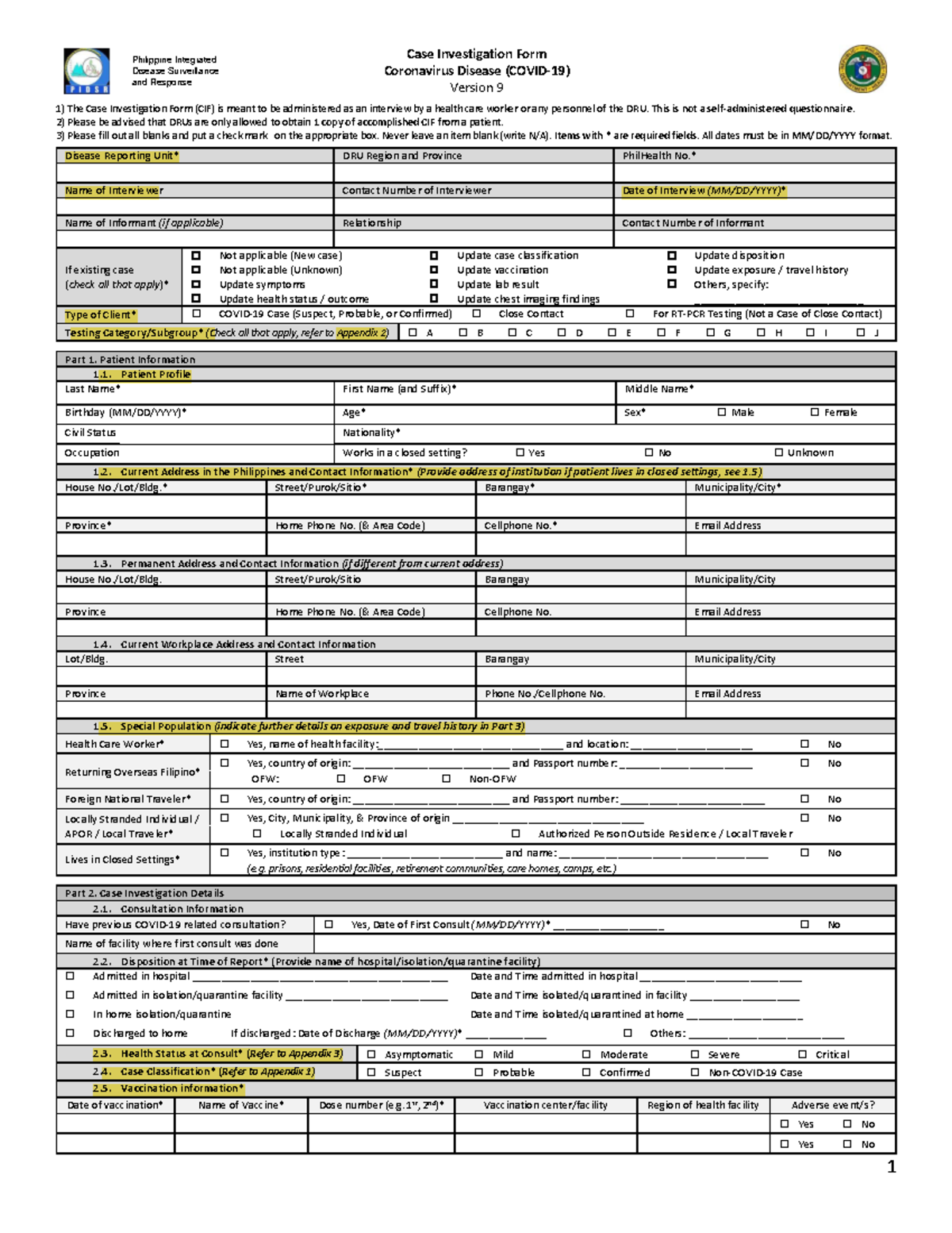 CIF ver9-1 - COVID-19 CASE INVESTIGATION FORM VERSION 9.1 - 1 ...