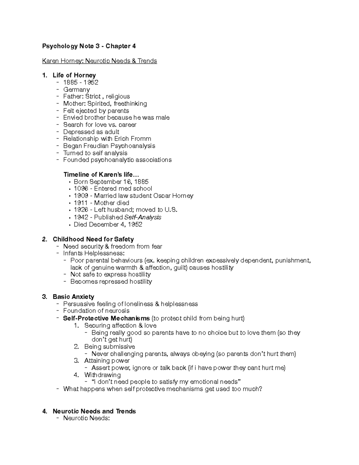 Psychology - Horney - Lecture notes 1 - Psychology Note 3 - Chapter 4 ...