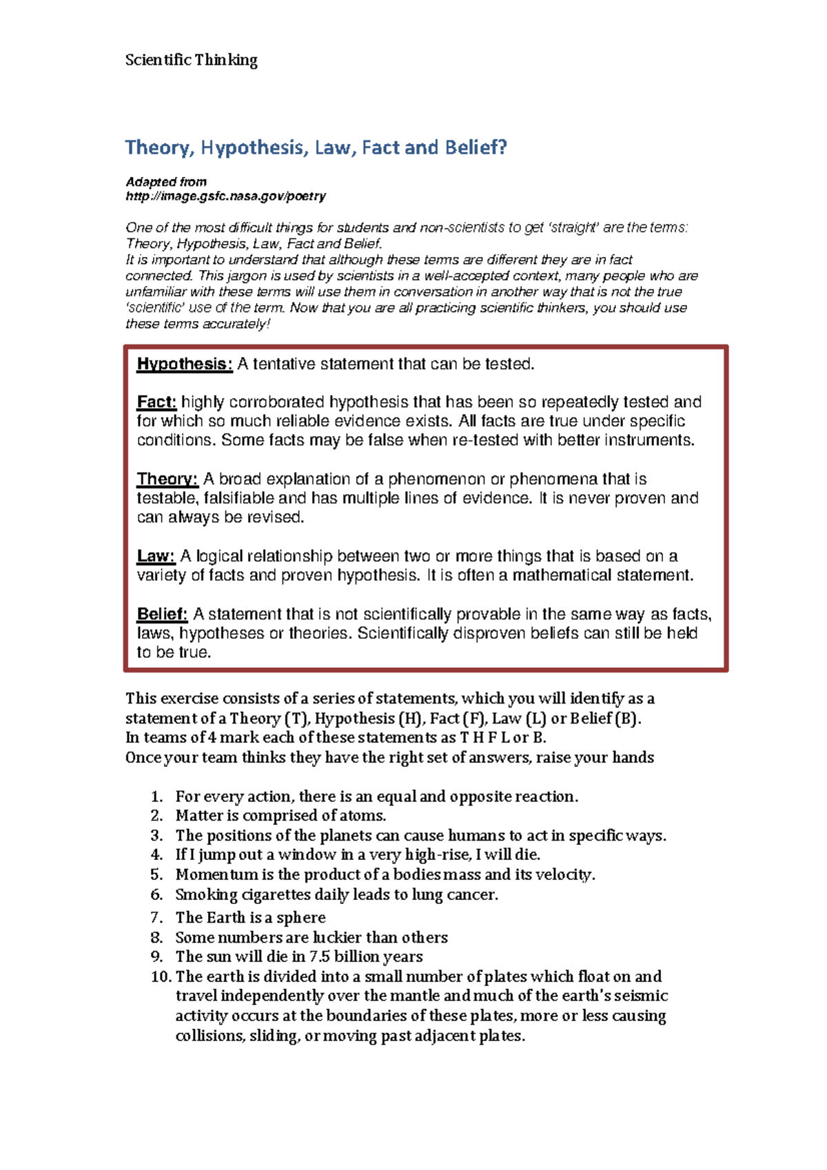 Theory, Hypothesis, Law, Fact and Belief activity Spring 2022 ...