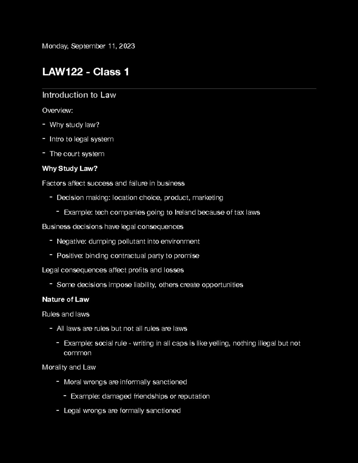 Class 1 - Monday, September 11, 2023 LAW122 - Class 1 Introduction to ...
